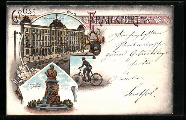 Lithographie Frankfurt a. M., Die neue Post, Kaiserliche Büste im ...