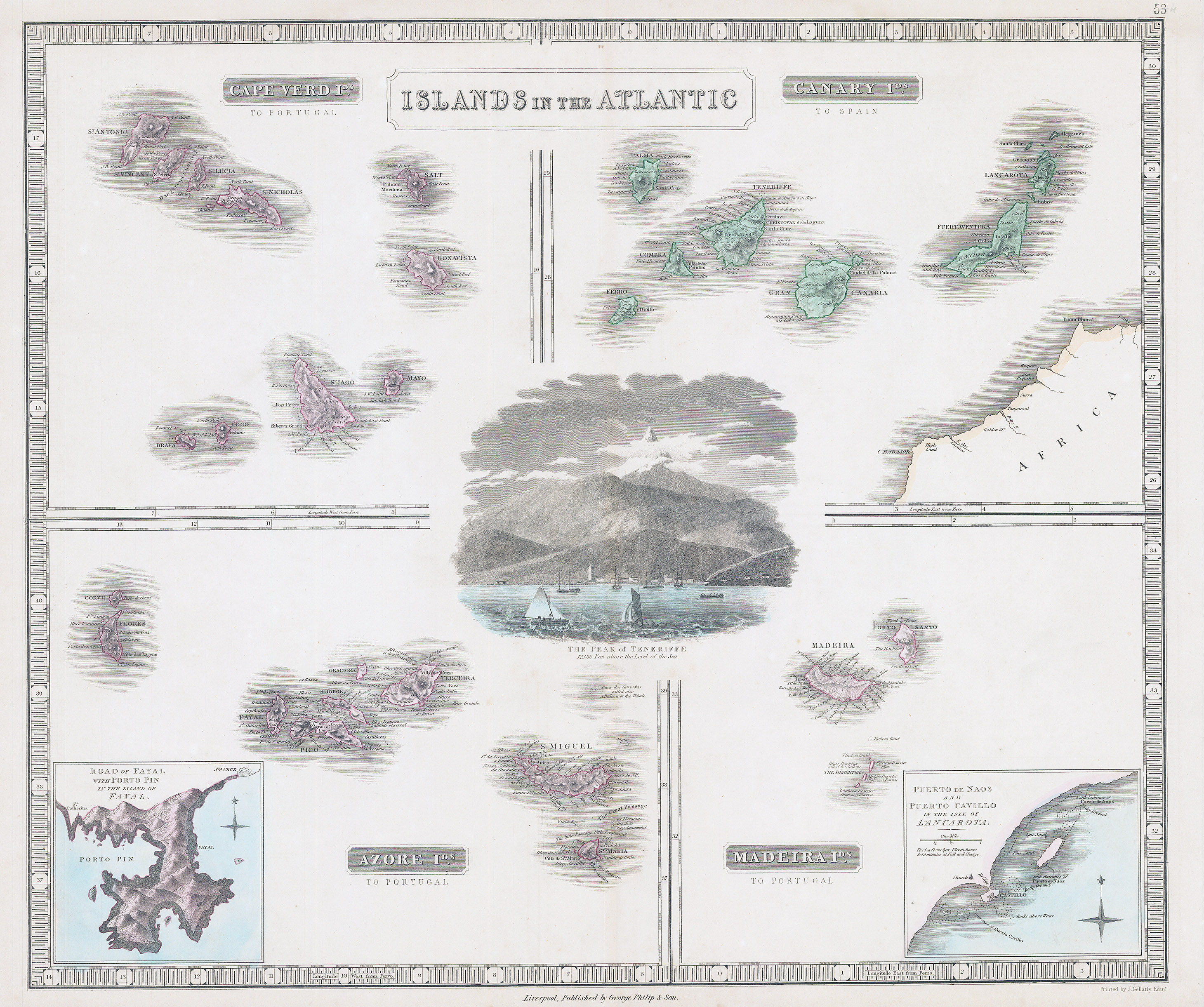1851 Large antique map ISLANDS IN THE ATLANTIC Canary Madeira Azores ...