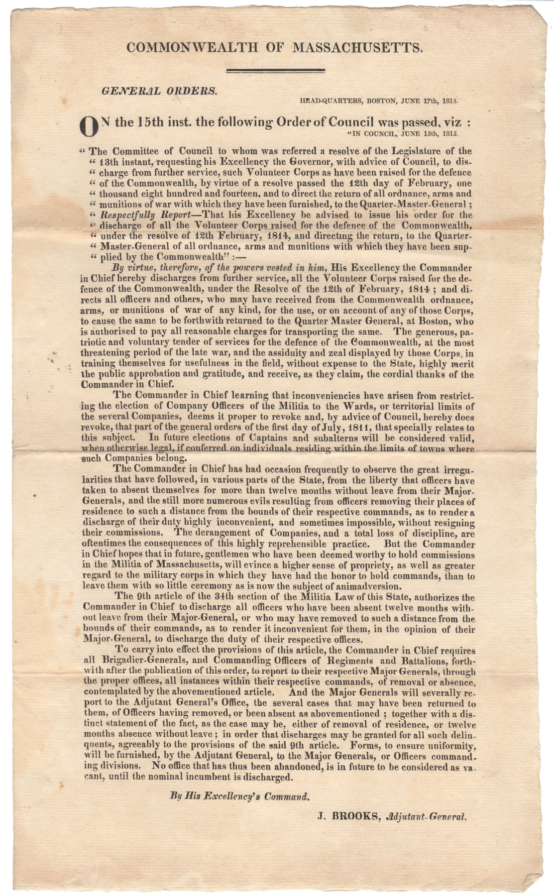 [Broadside] Commonwealth of Massachusetts. General orders. Head ...