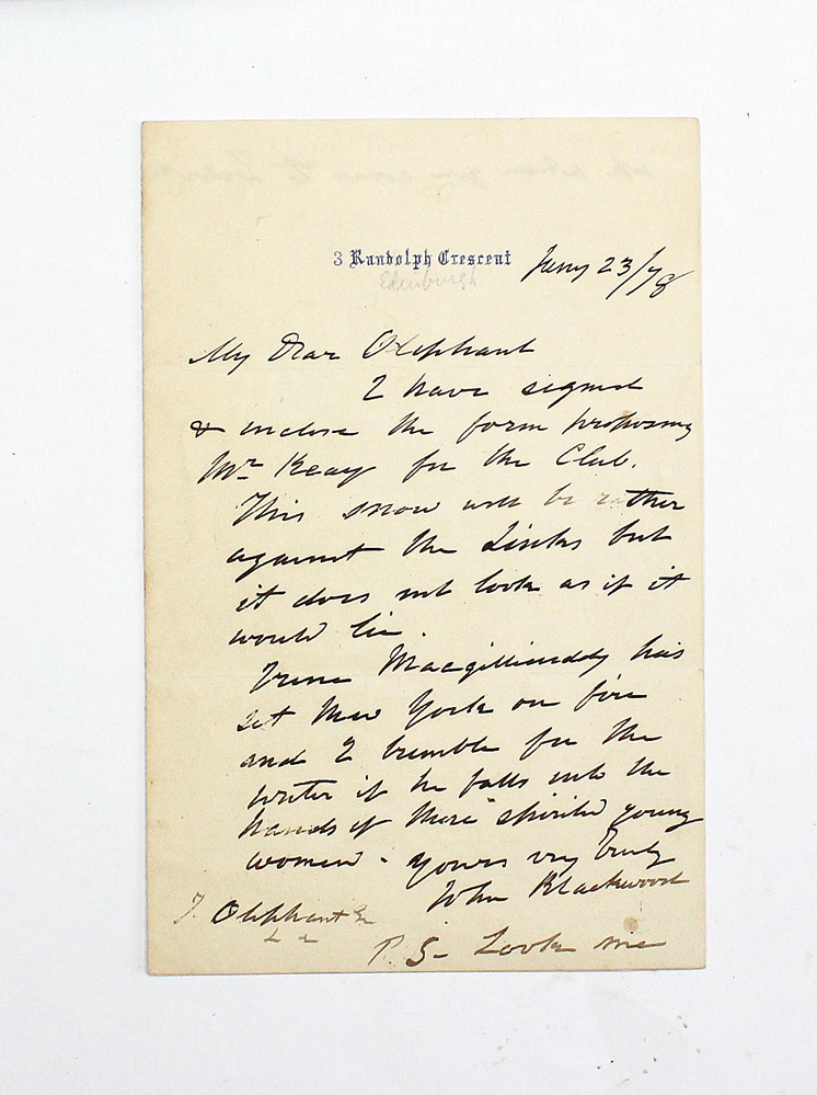 An Original Letter written and Signed by Publisher John Blackwood to ...