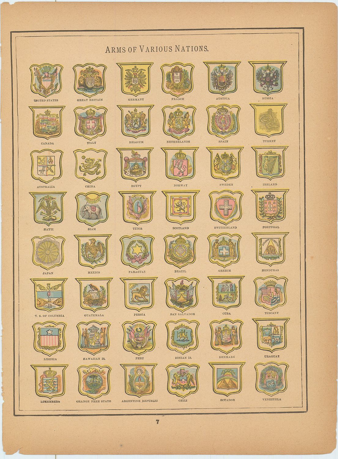 Western Hemisphere And Eastern Hemisphere With Arms Of Various Nations And Map Of The World