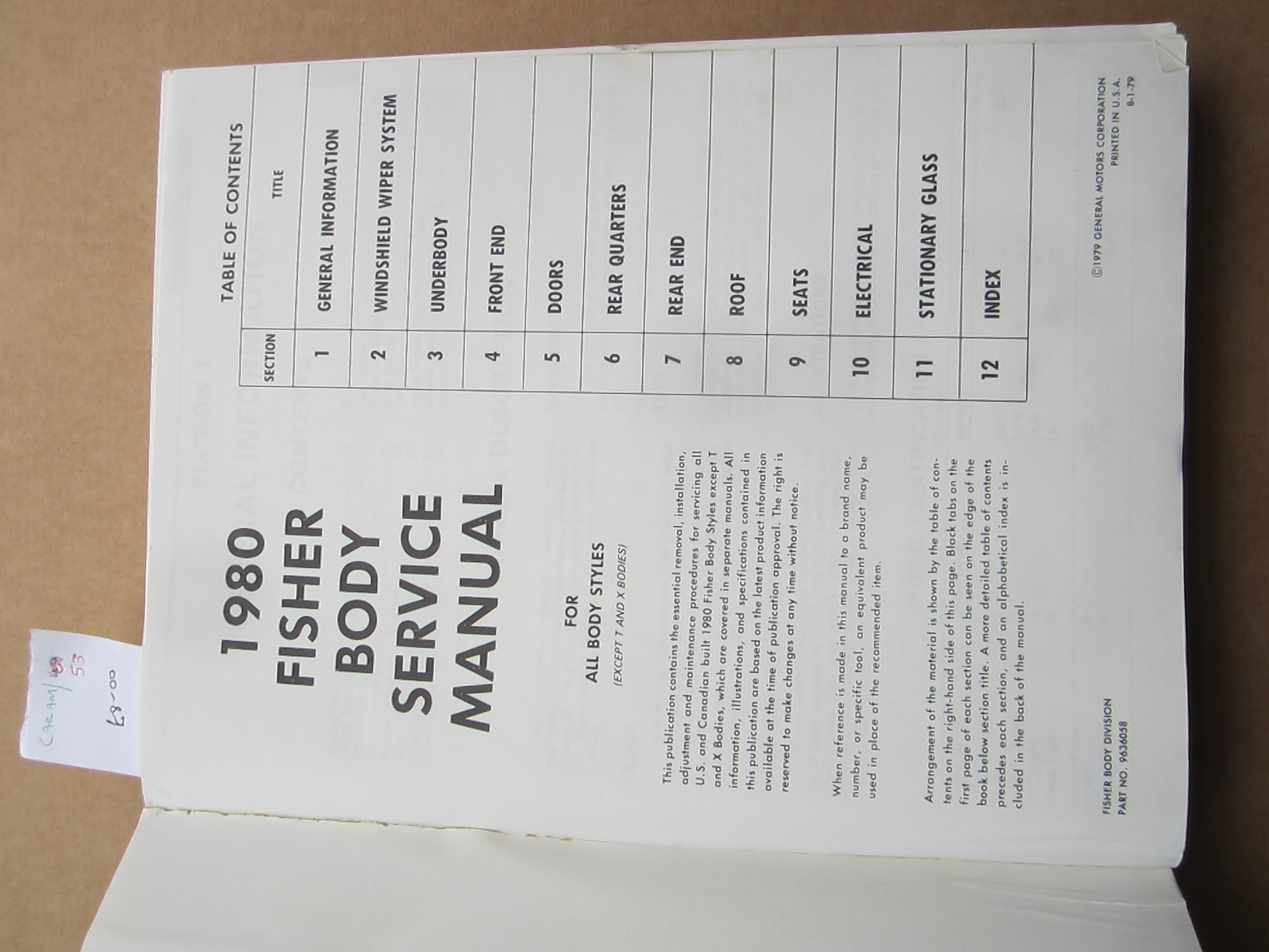 1980 Fisher Body Service Manual For All Body Styles (Except T and X by ...