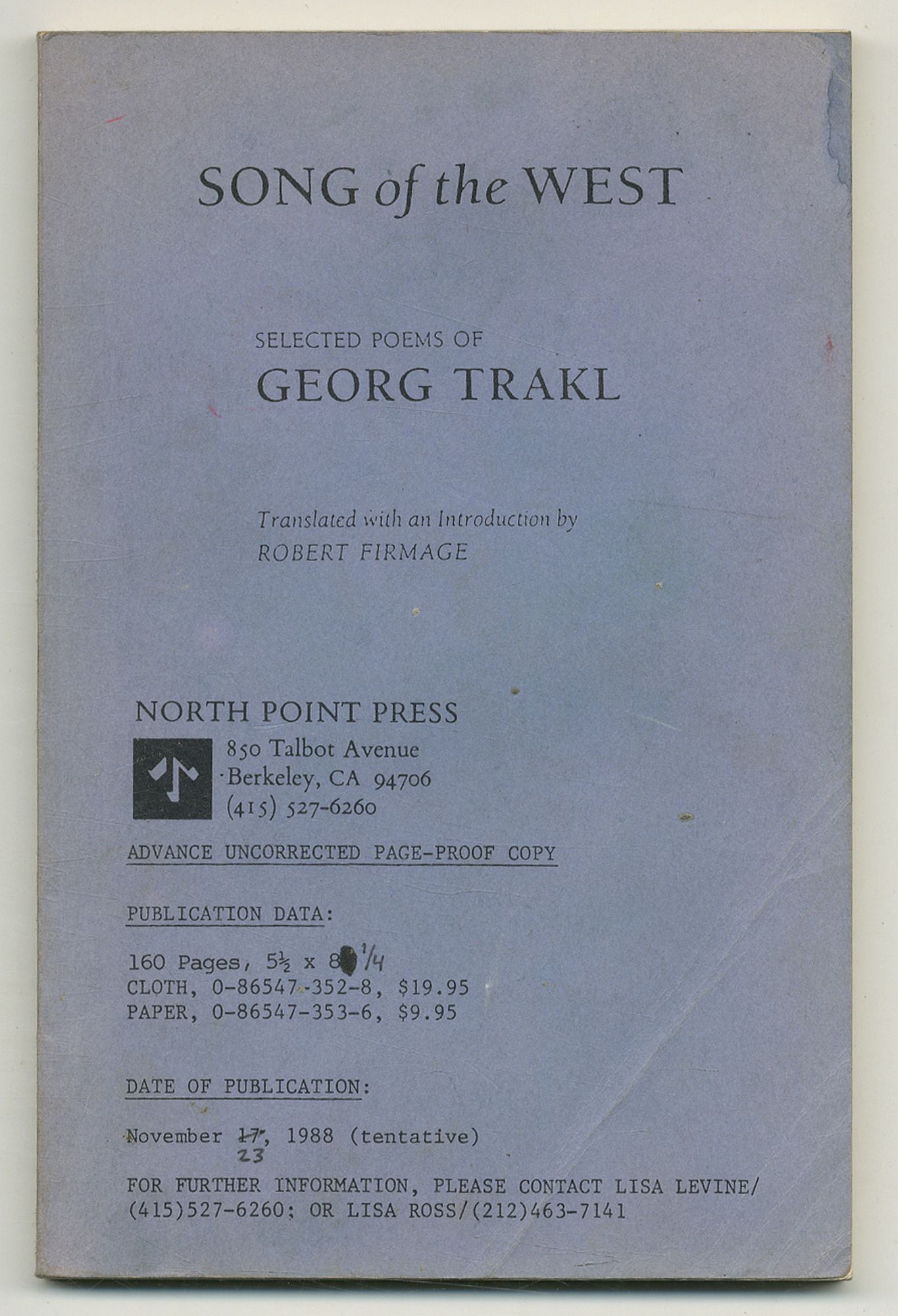 Song of the West: Selected Poems of Georg Trakl von TRAKL, Georg: Very ...
