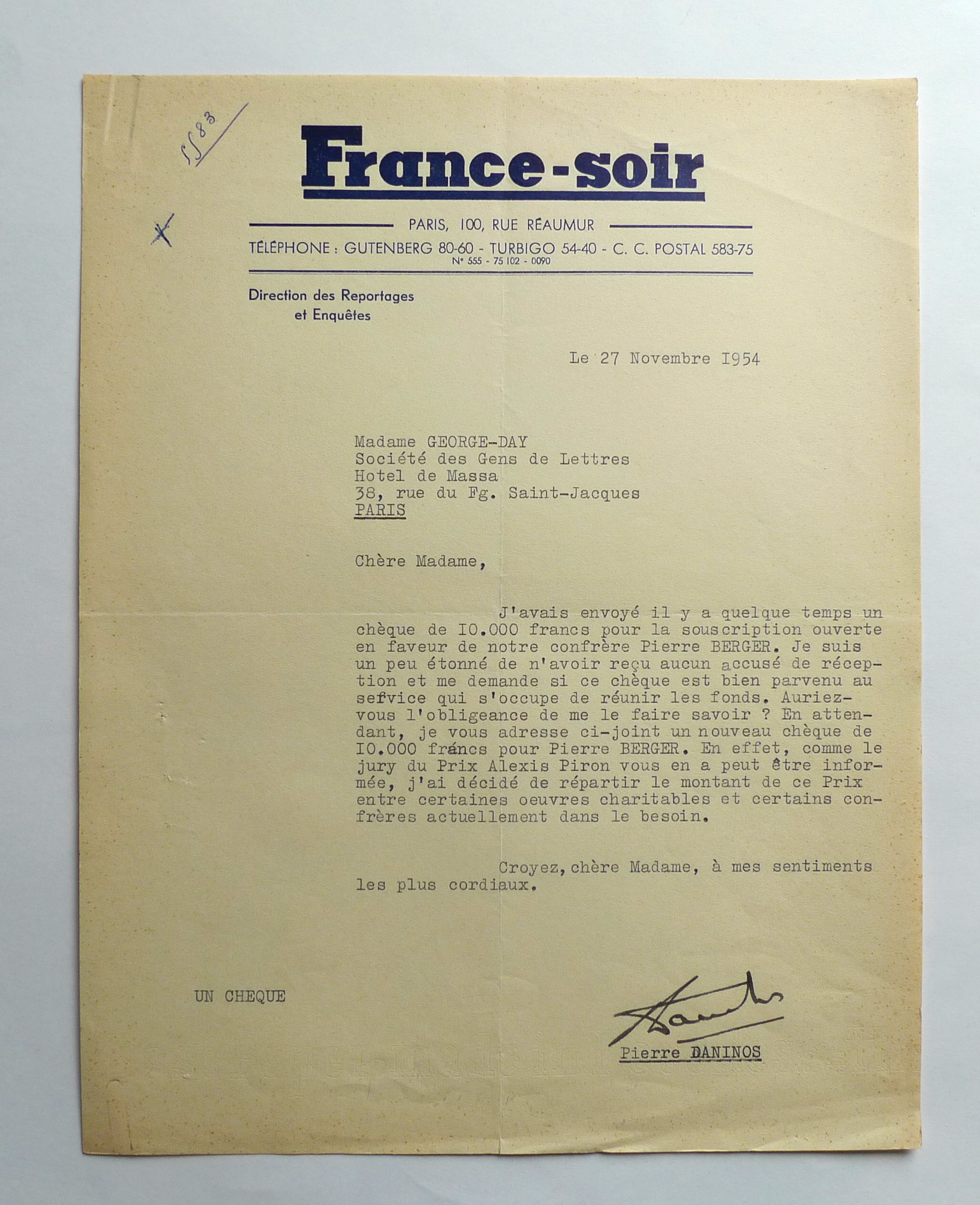 An autograph note enclosing a cheque to the cause of Pierre Berger ...