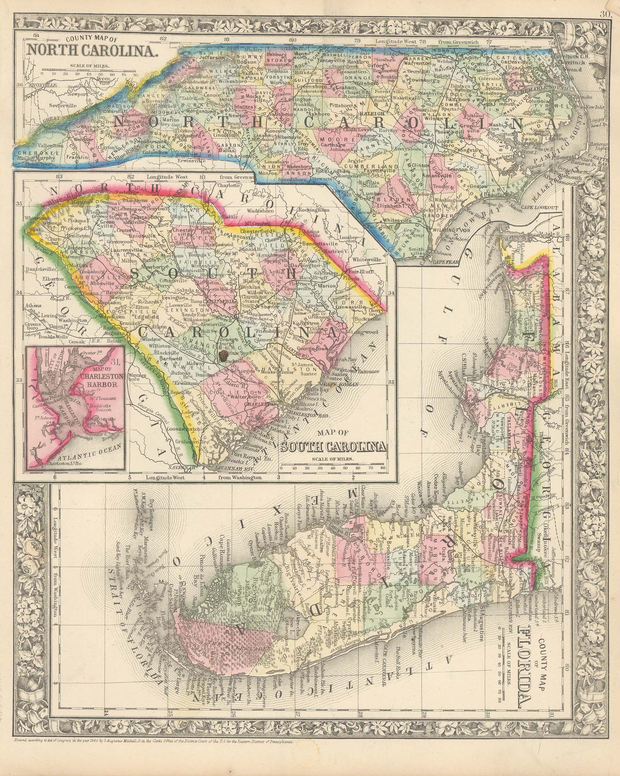 Mitchell's 1865 County Map of North Carolina, South Carolina, and ...