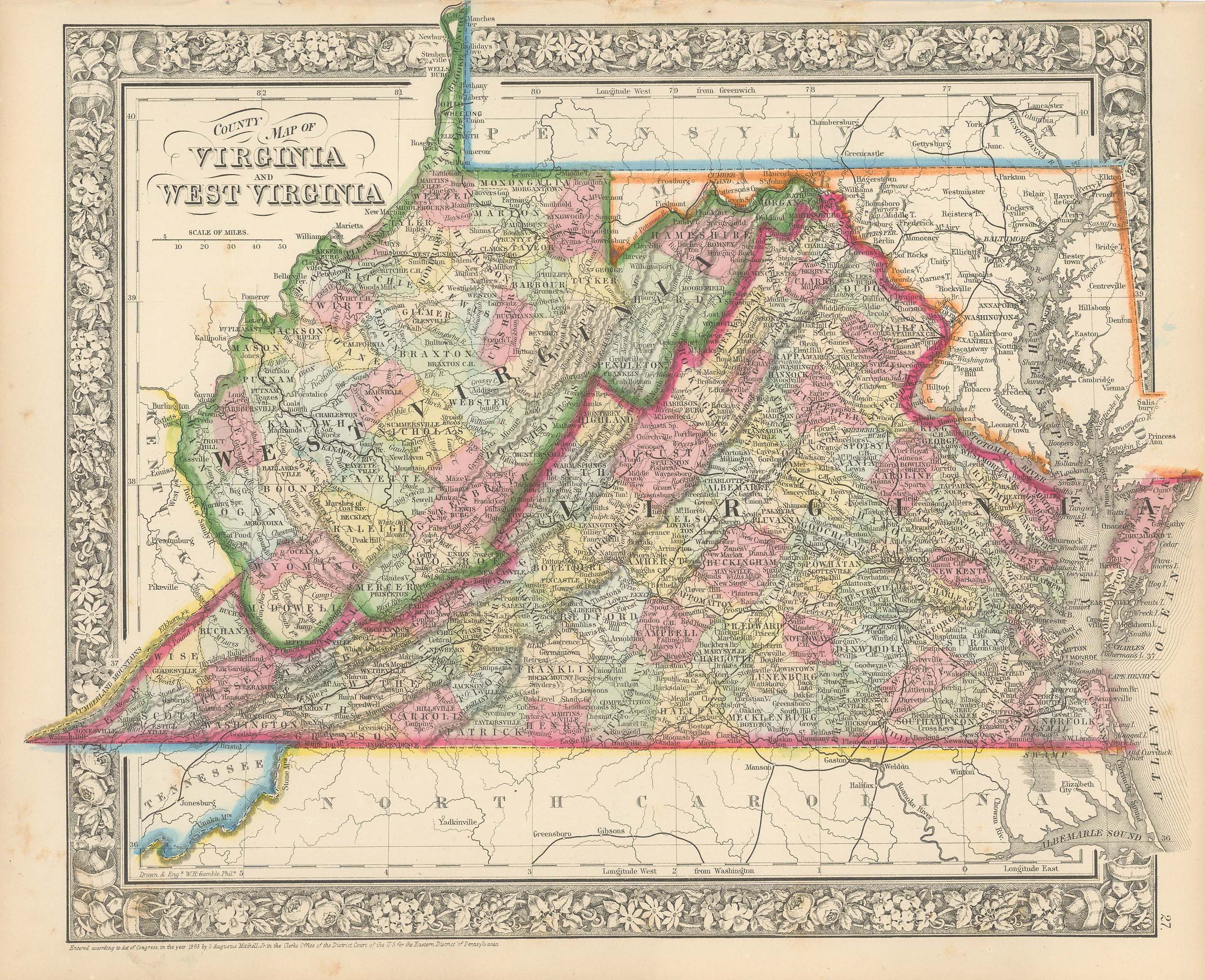 Mitchell's 1865 County Map of Virginia and West Virginia by S. Augustus ...