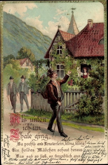 Gedicht Präge Litho Als unten ich im Thale ging, Wanderer: (1905 ...
