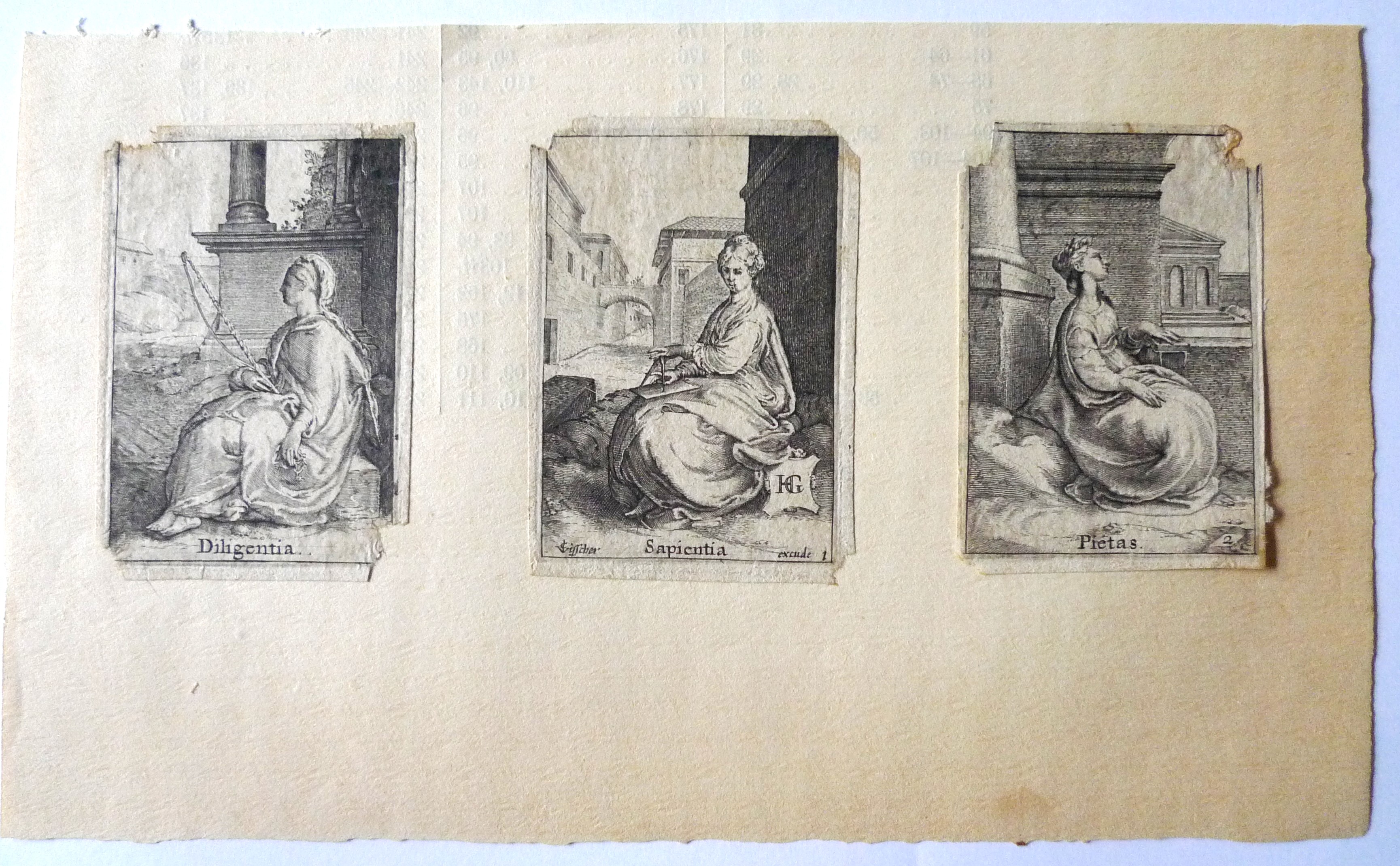 Three virtues: Sapientia, Pietas, Diligentia. Three etchings J. Claes ...
