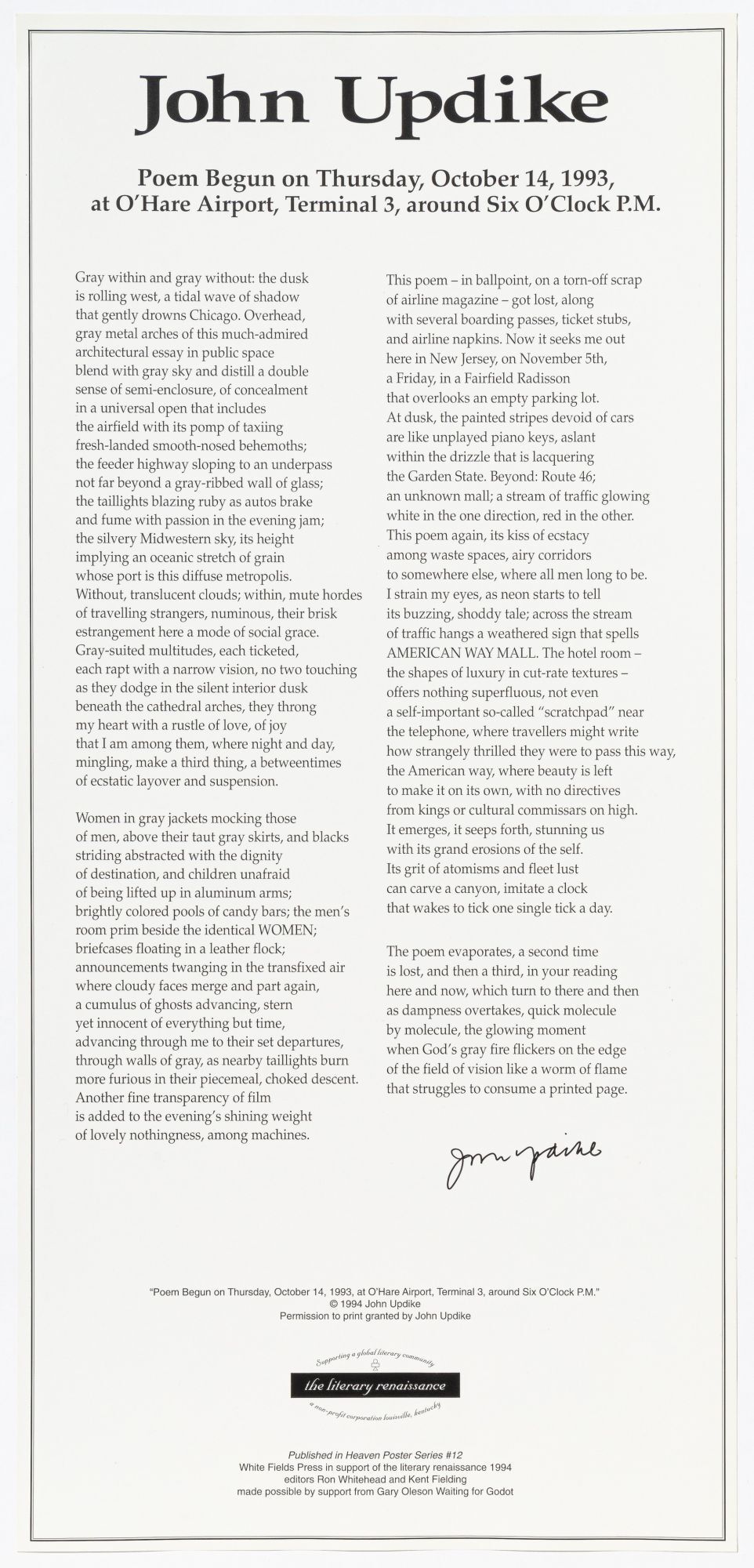 [Broadside]: Poem Begun on Thursday, October 14, 1993, at O'Hare ...