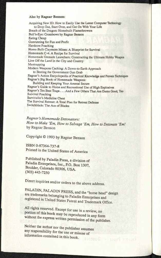 Ragnar's Homemade Detonators by Ragnar Benson: As New Paperback (1993 ...