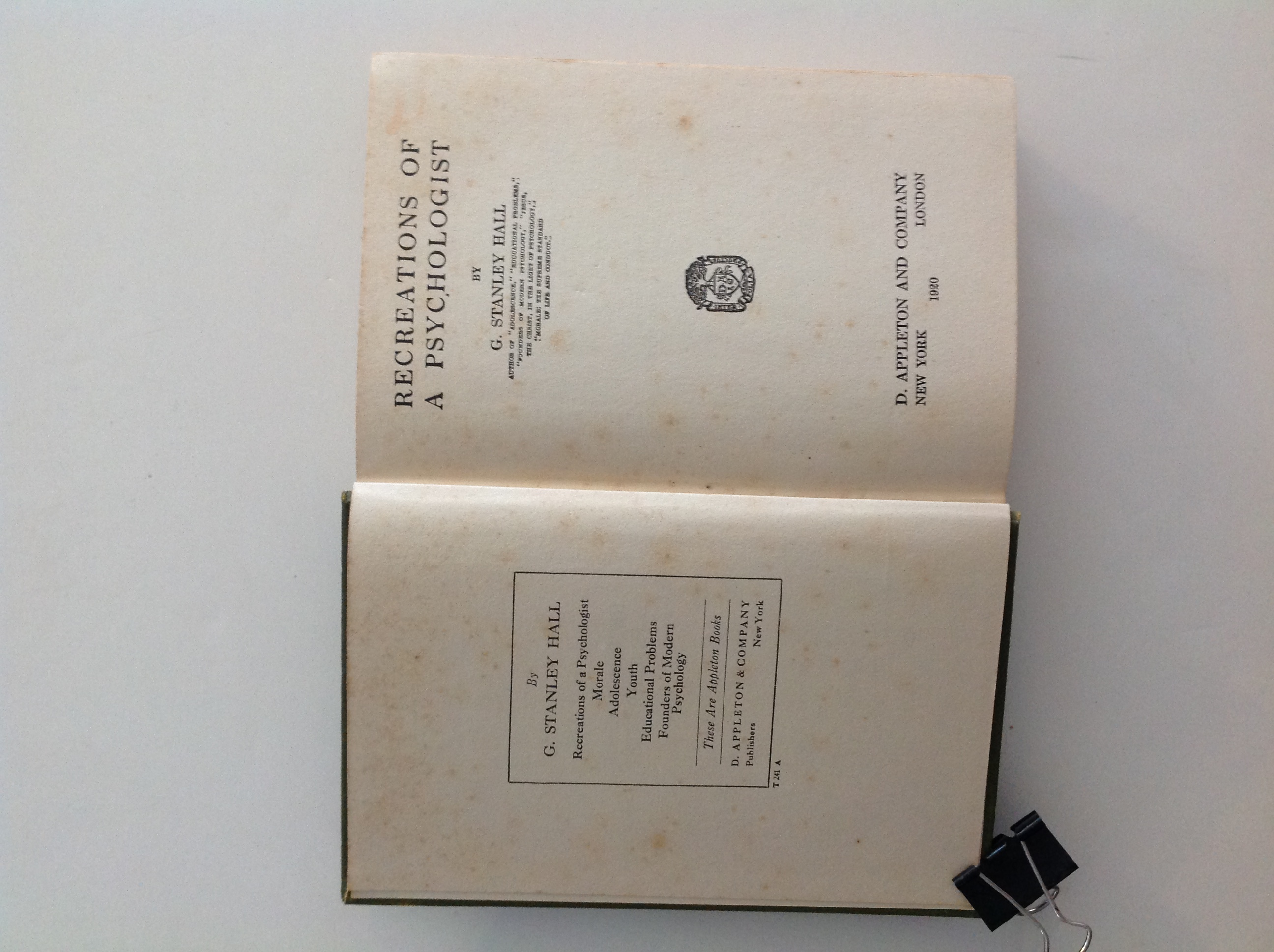 Recreations of a Psychologist by G Stanley Hall: Good Hardcover (1920 ...