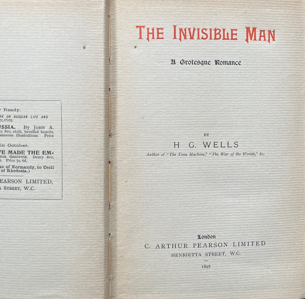 The Invisible Man By H G Wells Very Good Hardcover 1897 1st Edition