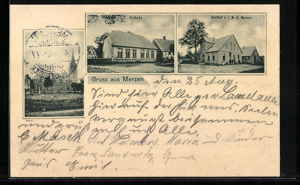 Ansichtskarte Merzen, Gasthof v. I. M. G. Mertens, Schule, Kirche ...