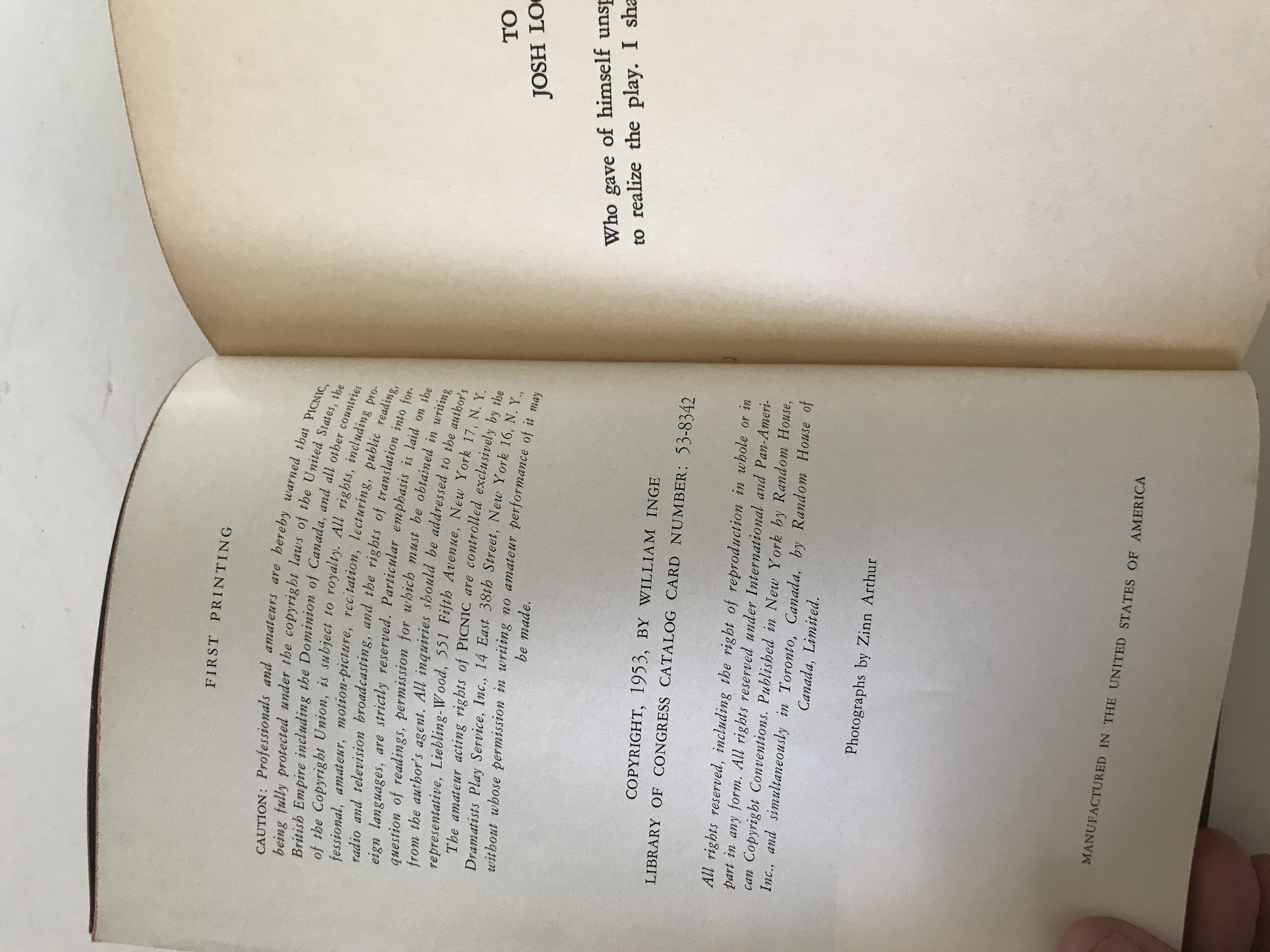 Picnic by William Inge: Good Hardcover (1953) 1st Edition. | Sheapast ...