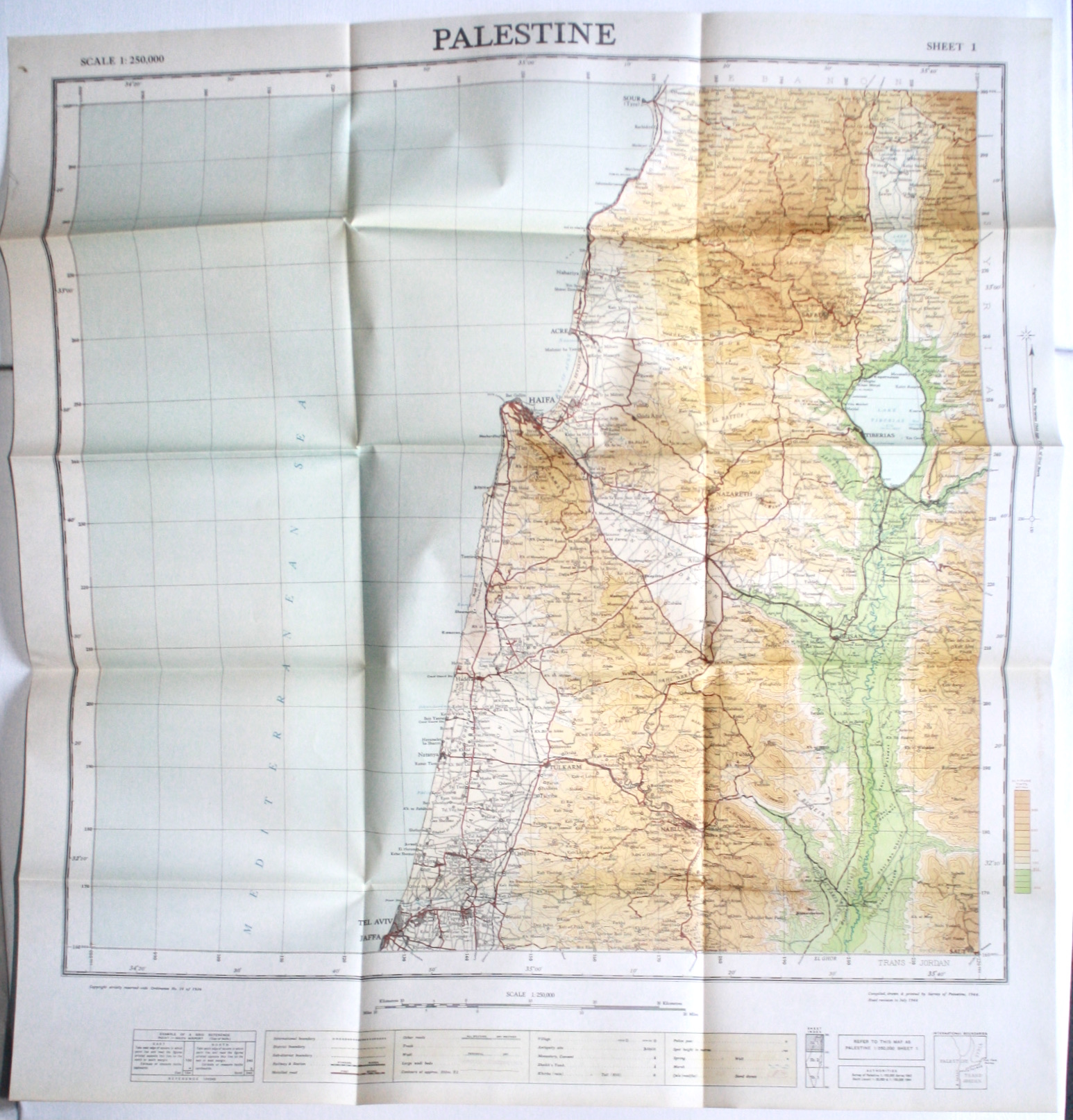 Map of Palestine in Three Sections (Palestine 1:250,000 Sheets 1-3) by Survey of Palestine ...