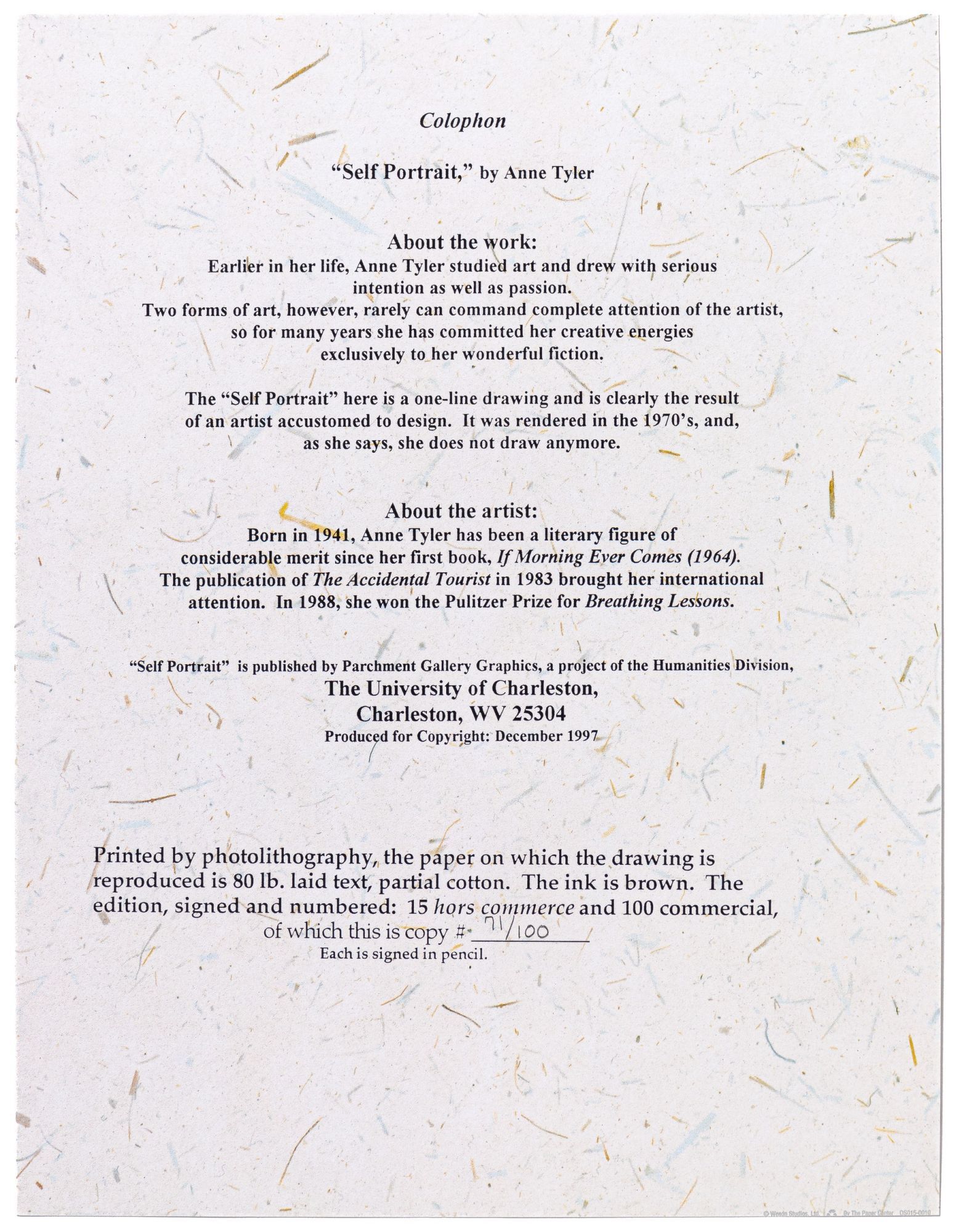 Self Portrait by TYLER, Anne: Fine Unbound (1997) Signed by Author(s ...