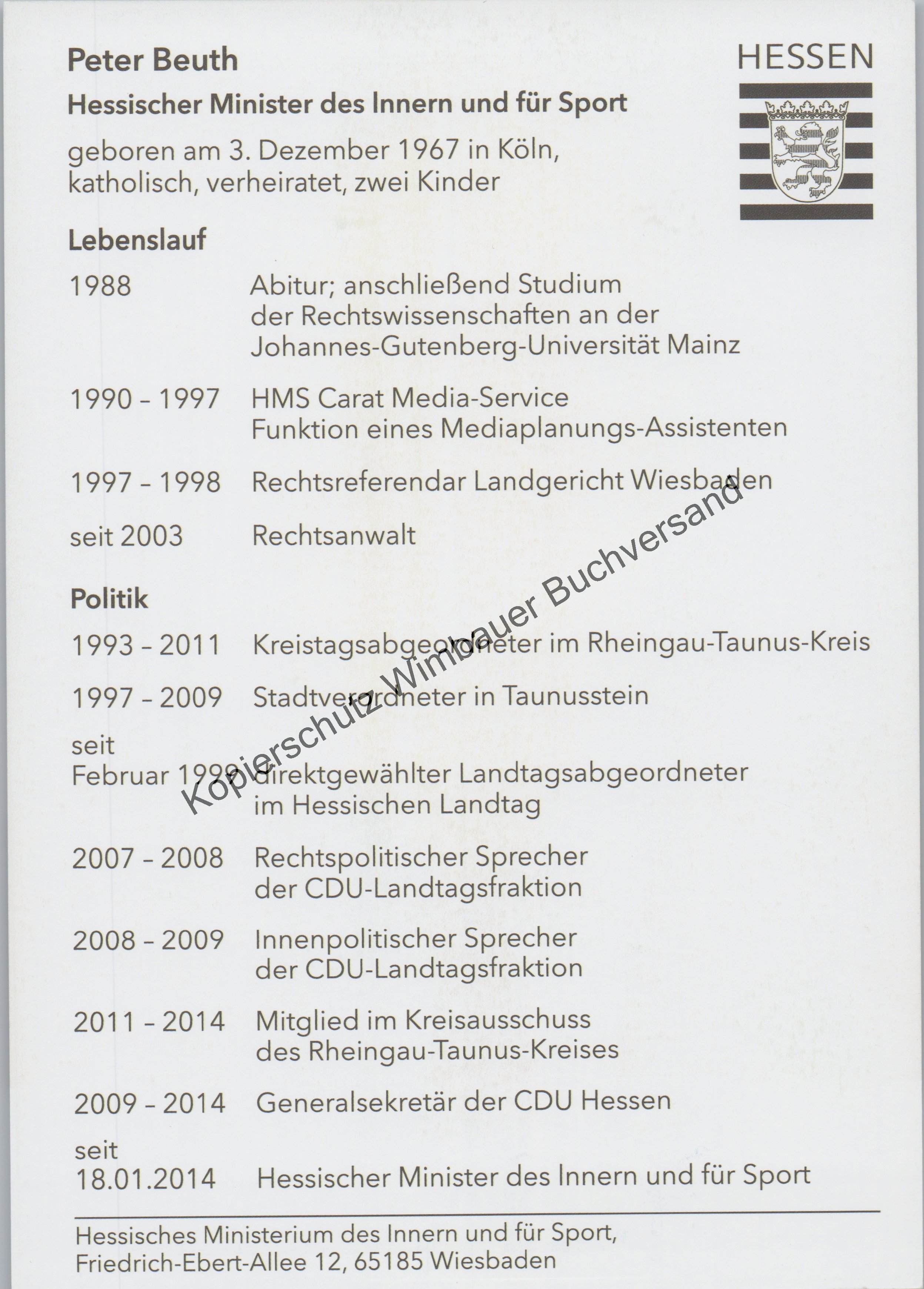 Original Autogramm Peter Beuth Landesminister Hessen /// Autogramm ...