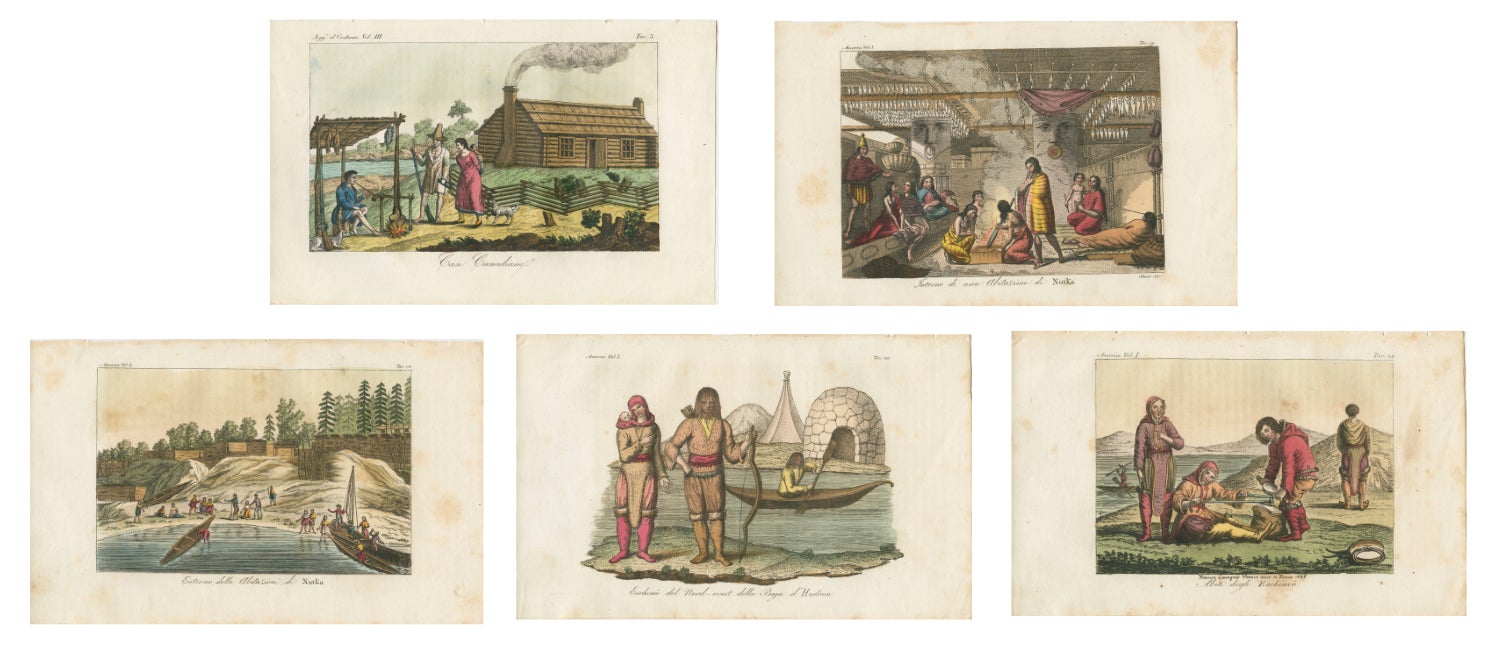 5 coloured circa 1826 prints of early Canadian Indigenous people in ...