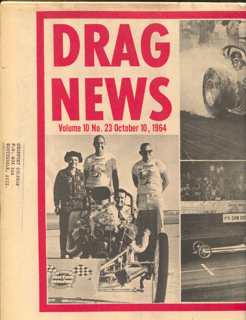 Drag News-10/10/1964-Jerry Ellis in Dragster with Crew After Setting ...