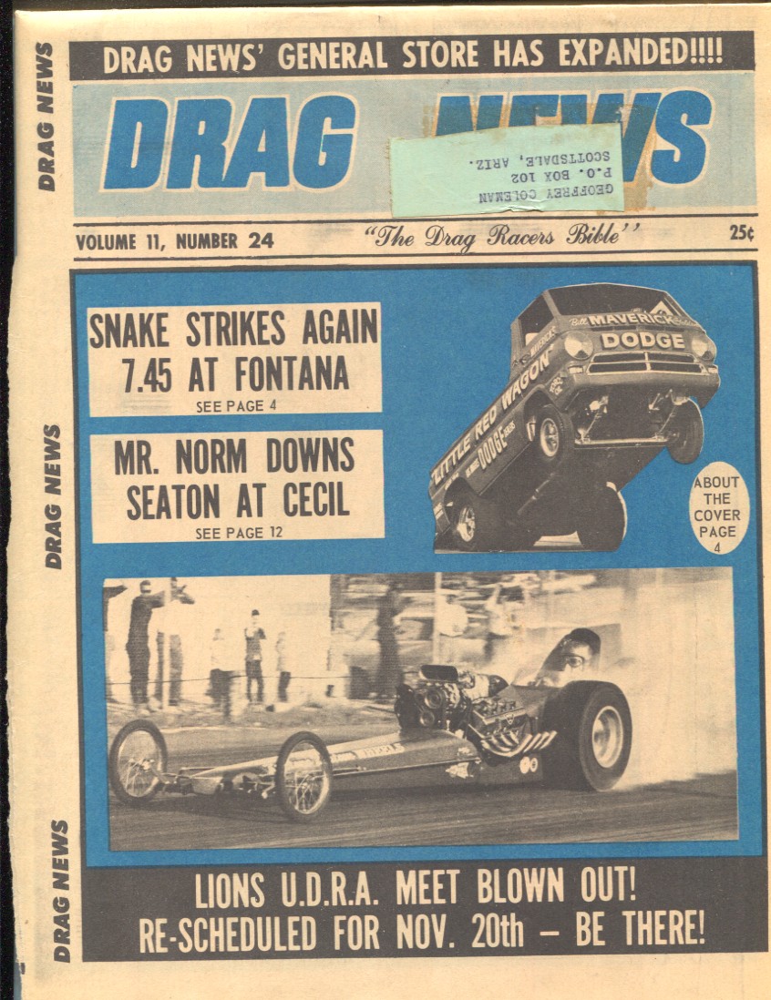 Drag News-10/22/1965-Little Red Wagon Wheelie/ Snake Strikes Again 7.45 ...