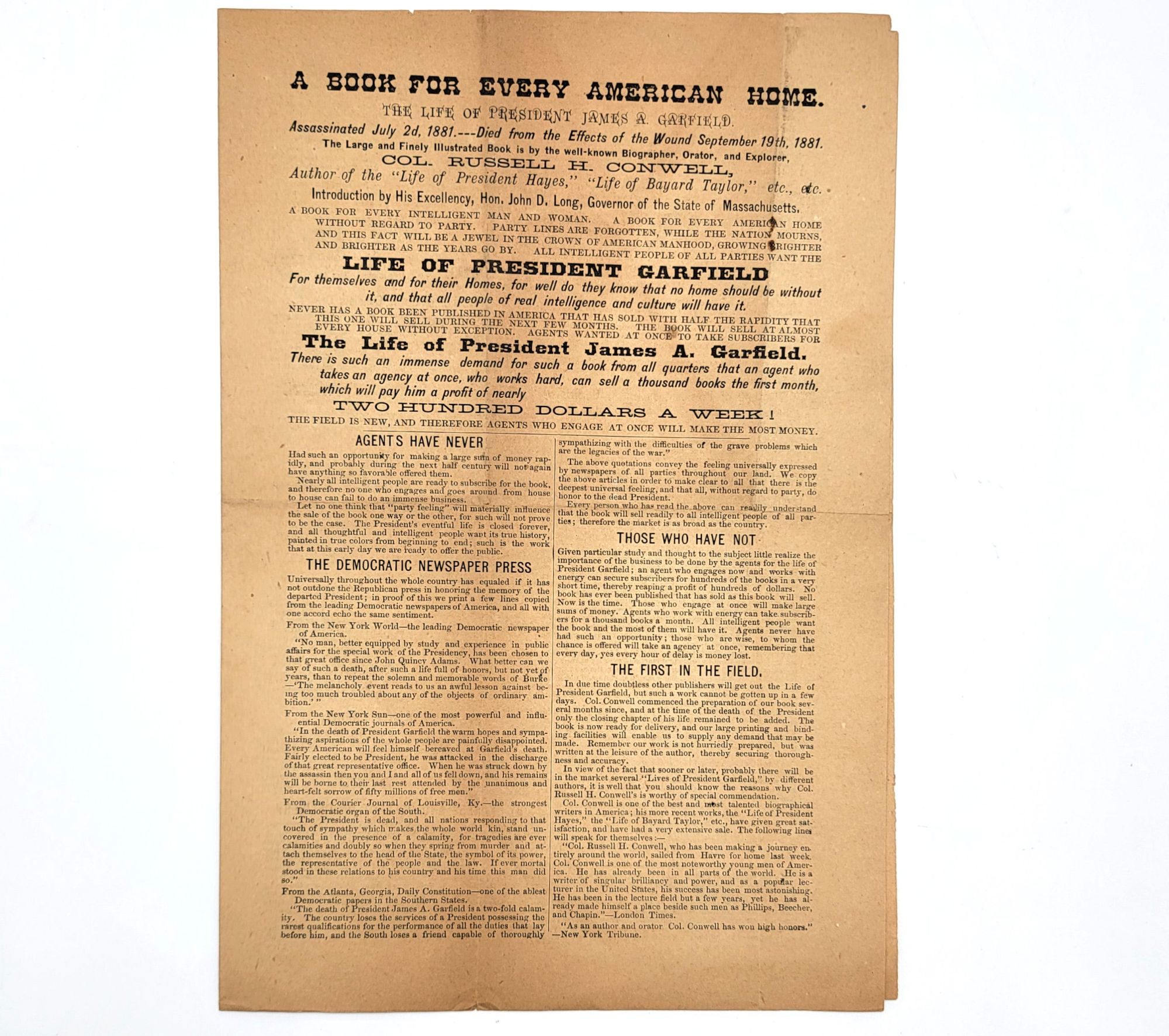 Advertisement and Agent Solicitation for The Life of President Garfield ...