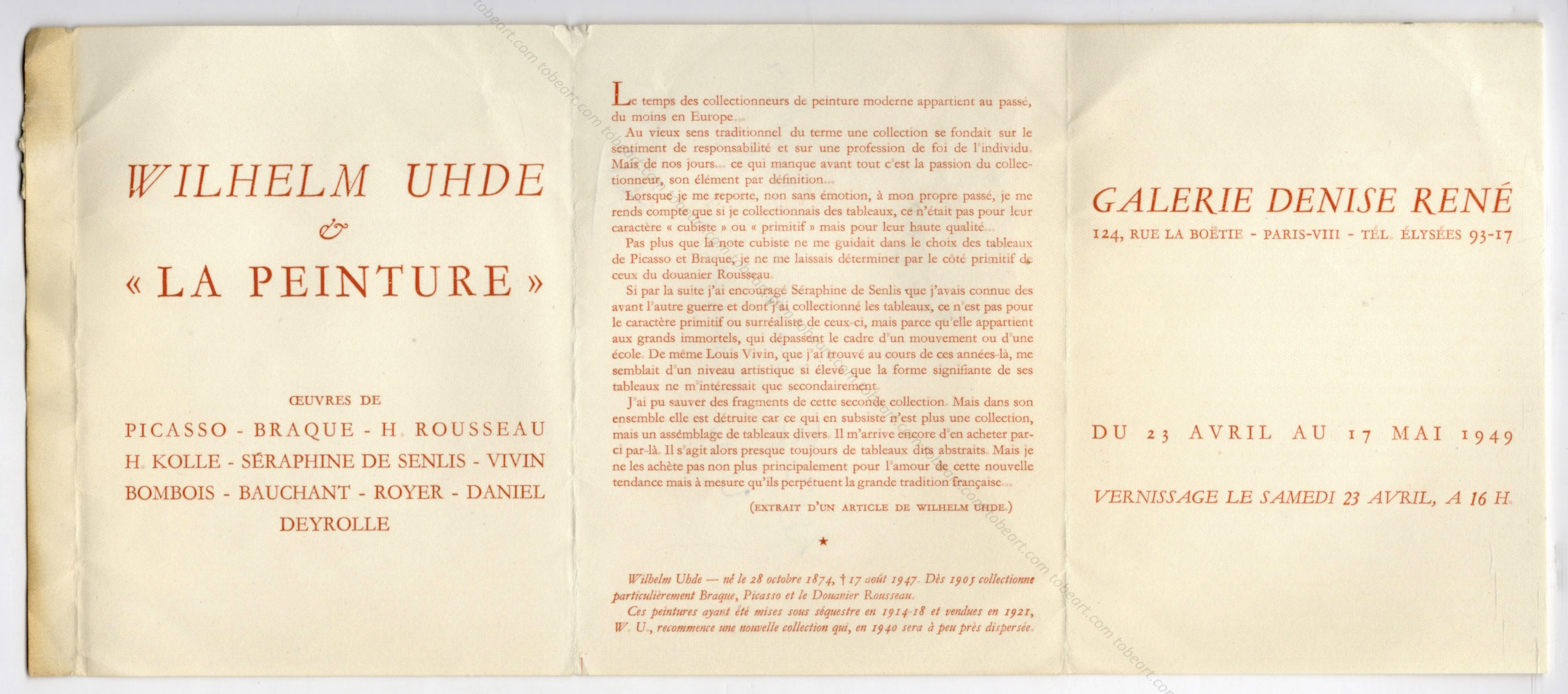 Wilhelm Uhde et la peinture. Oeuvres de Picasso, Braque, H. Rousseau, H ...