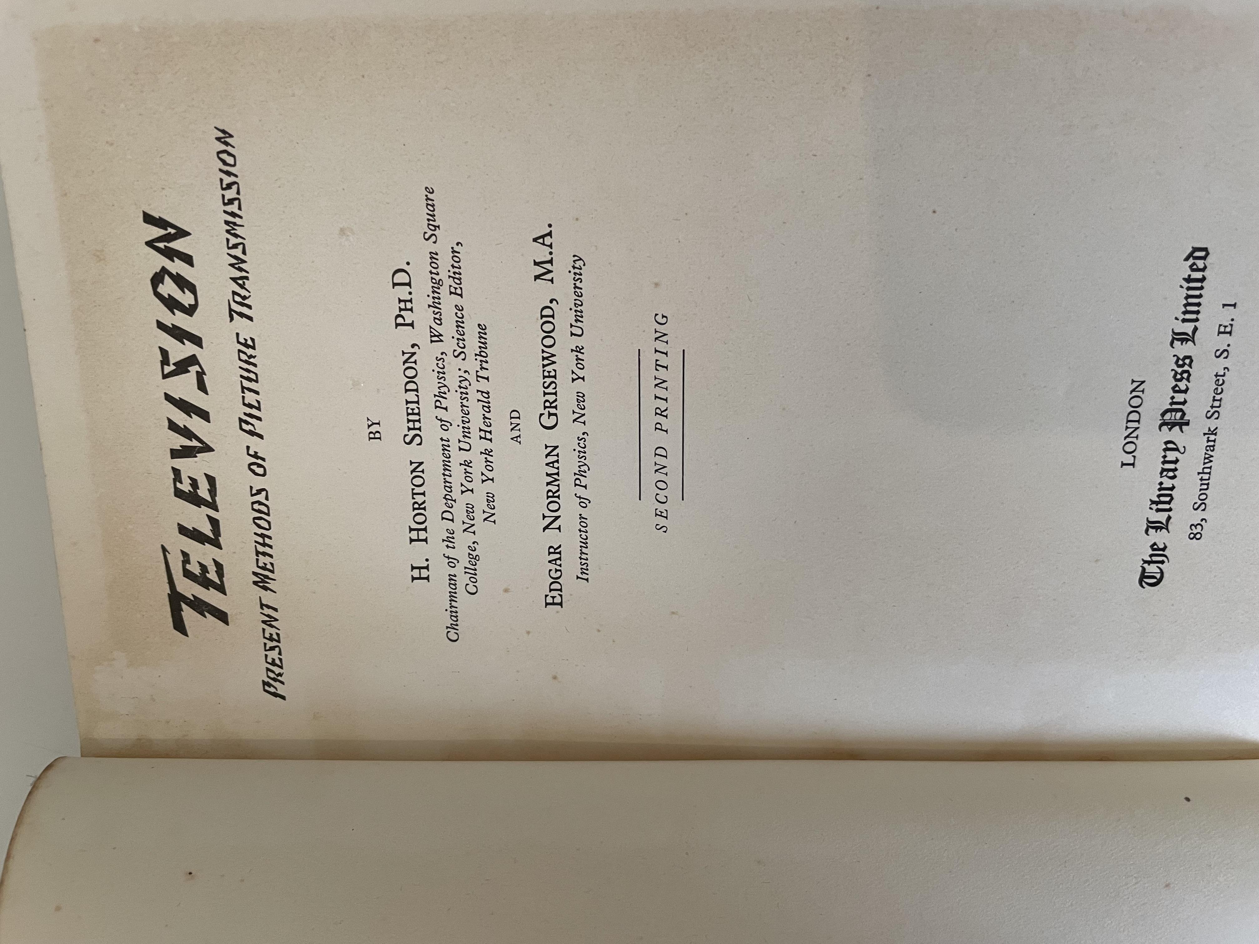 Television. Presnt Methods of Picture Transmission by Sheldon, Horton ...