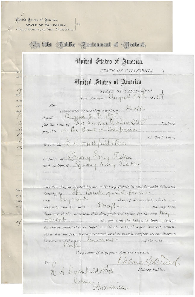 1875 - Three documents relating to bank drafts written to a Chinese man ...