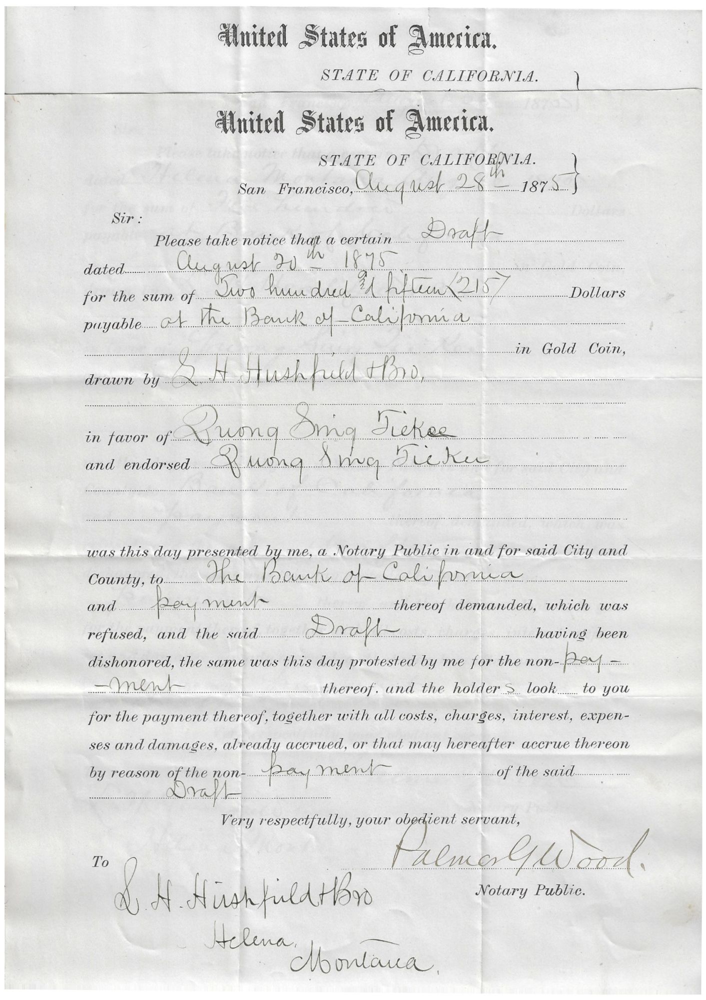 1875 - Three documents relating to bank drafts written to a Chinese man ...