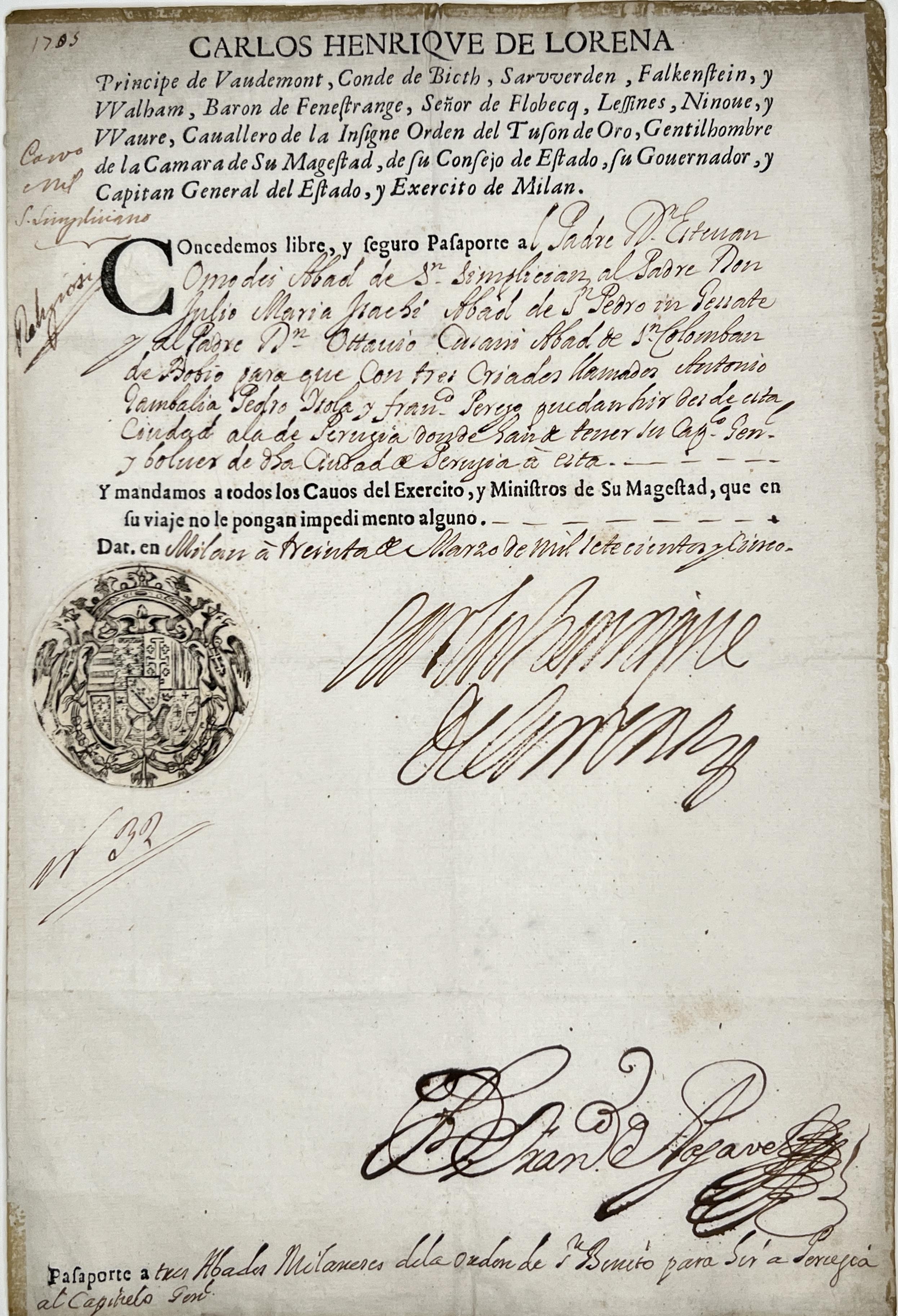Charles Henri, Prince of Commercy, Autograph Passport by Carlos ...