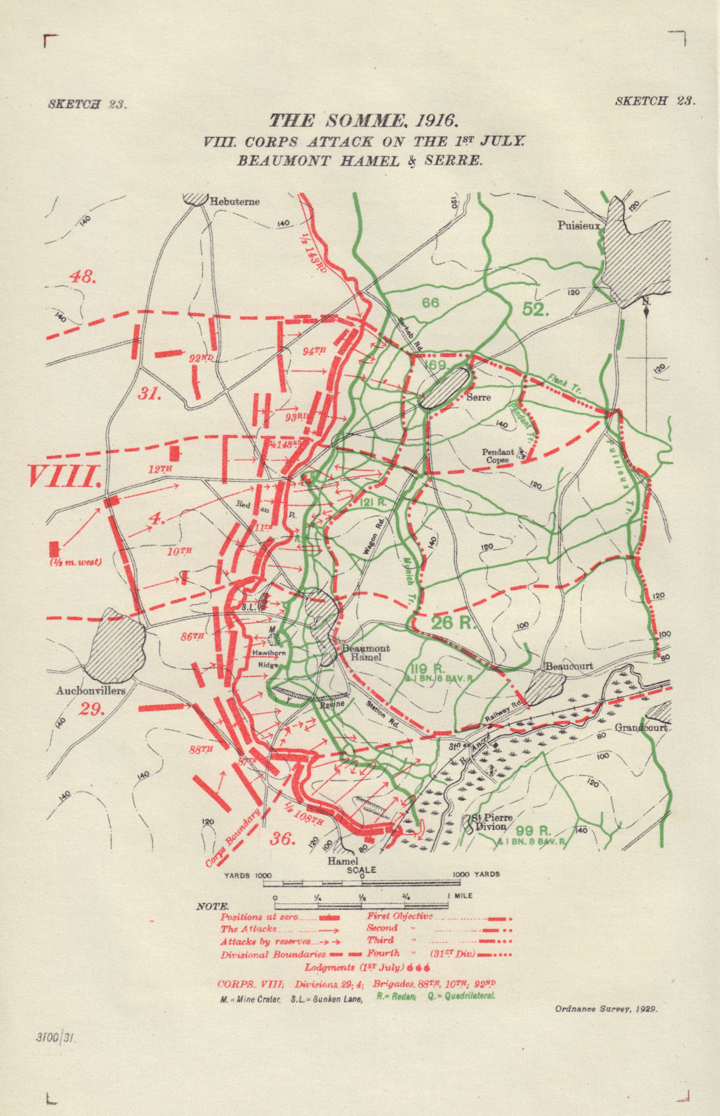 The Somme, 1916. VIII Corps attack on the 1st July. Beaumont Hamel ...