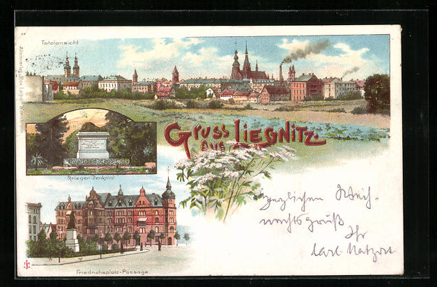 Lithographie Liegnitz, Friedrichsplatz-Passage, Krieger-Denkmal ...