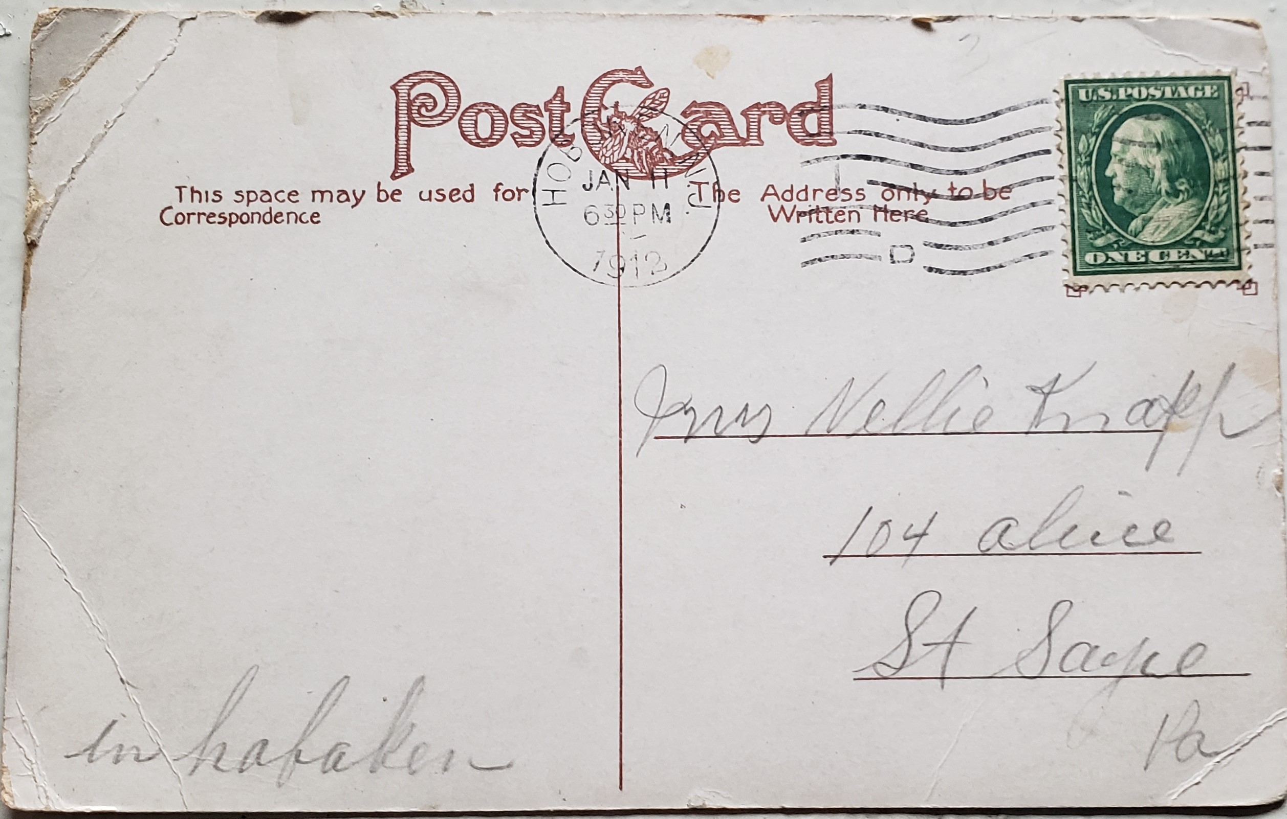 Benjamin Franklin Green One Cent Stamp on a 1912 Postcard by Benjamin ...