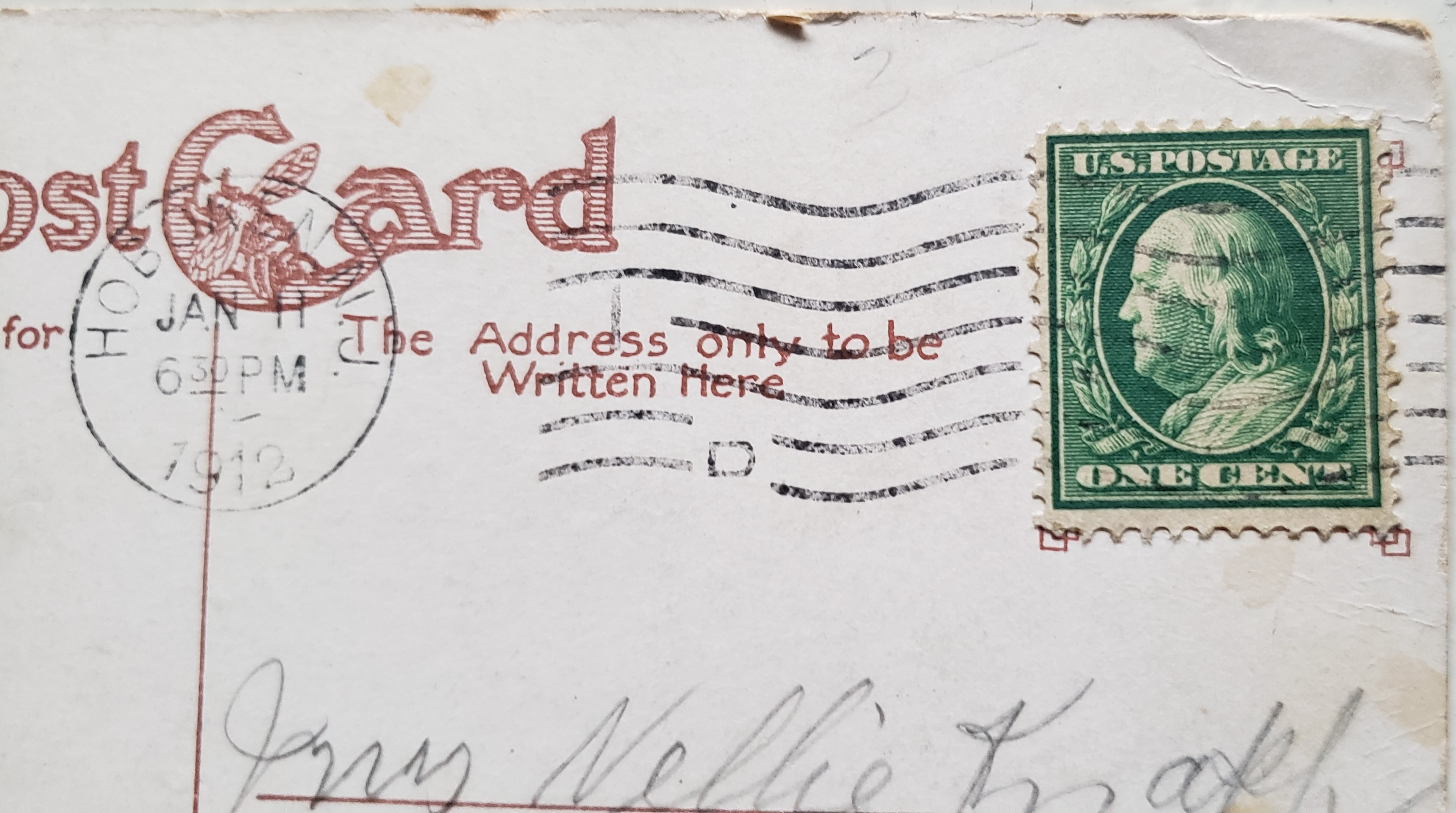 Benjamin Franklin Green One Cent Stamp on a 1912 Postcard by Benjamin ...