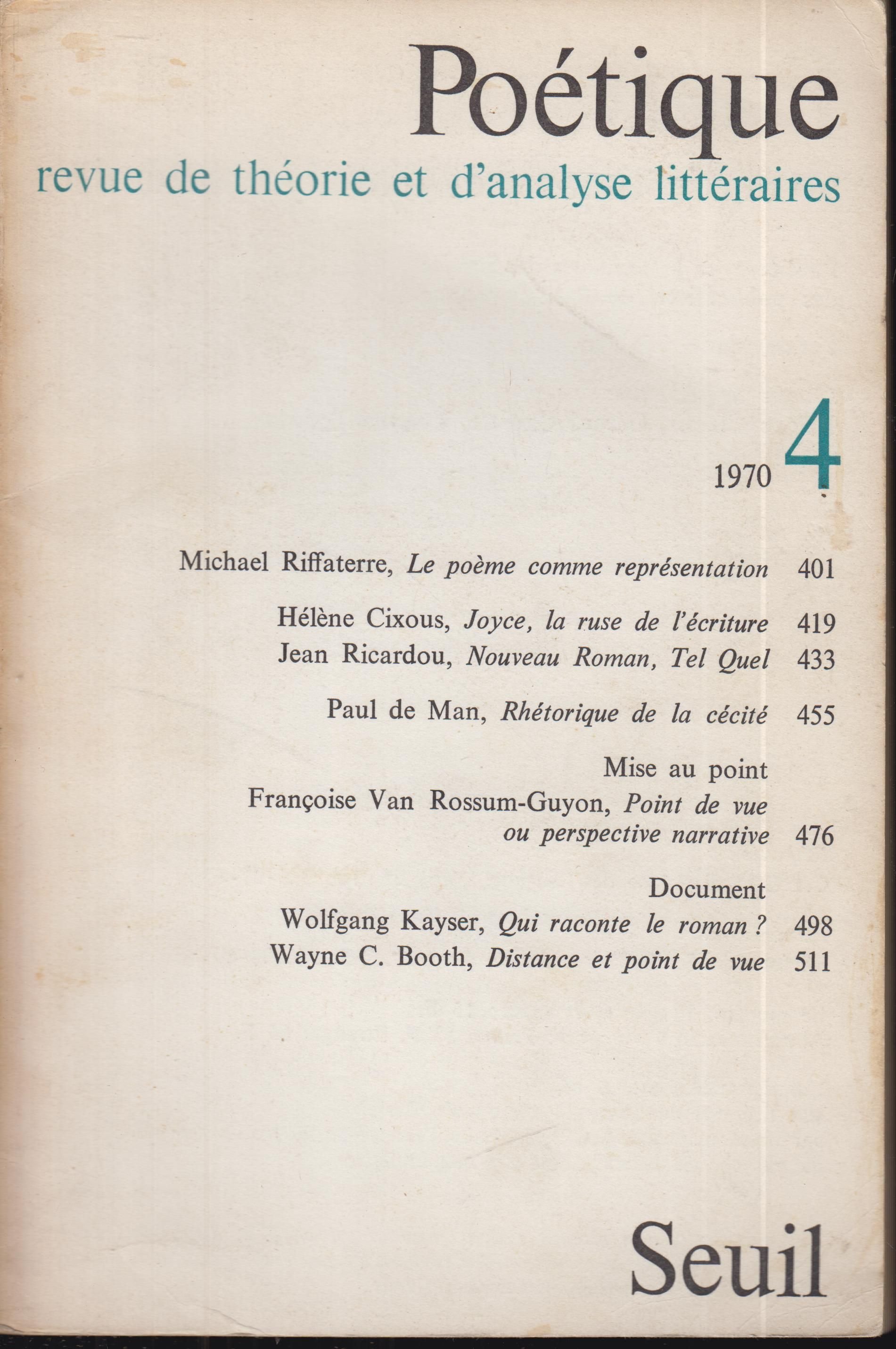 Poétique n° 4 - Le poème comme représentation par Michael Riffaterre ...