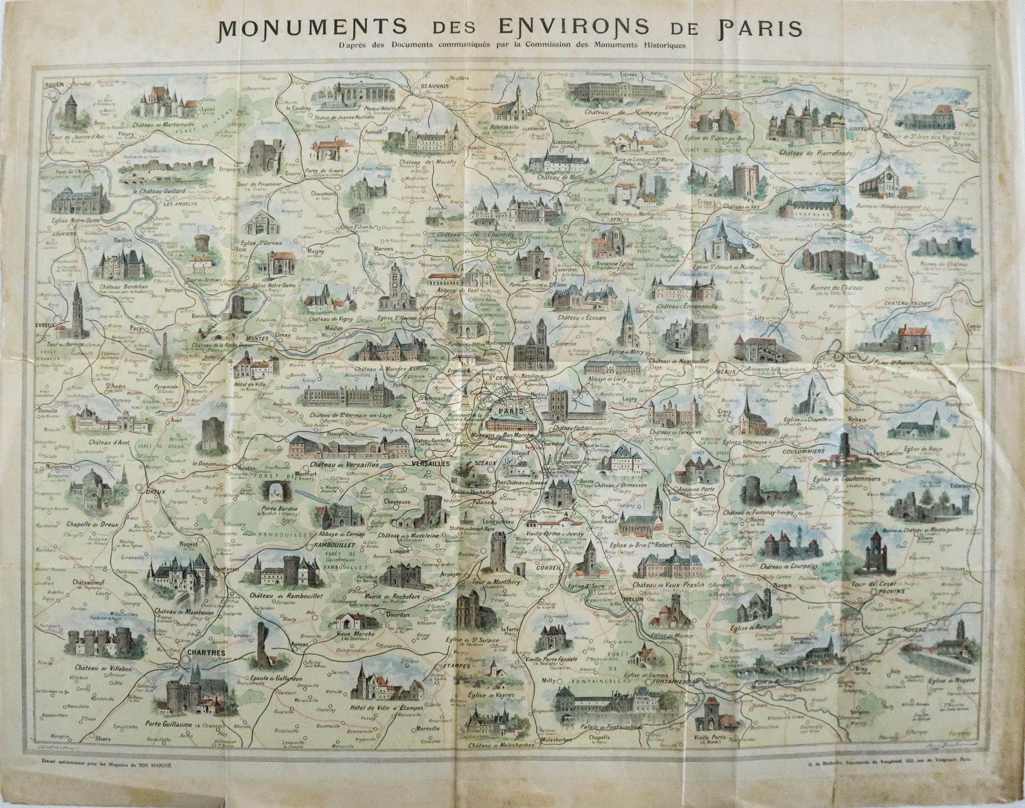 1900s Vintage French Map of Parisian Monuments + Attractions (Monuments ...