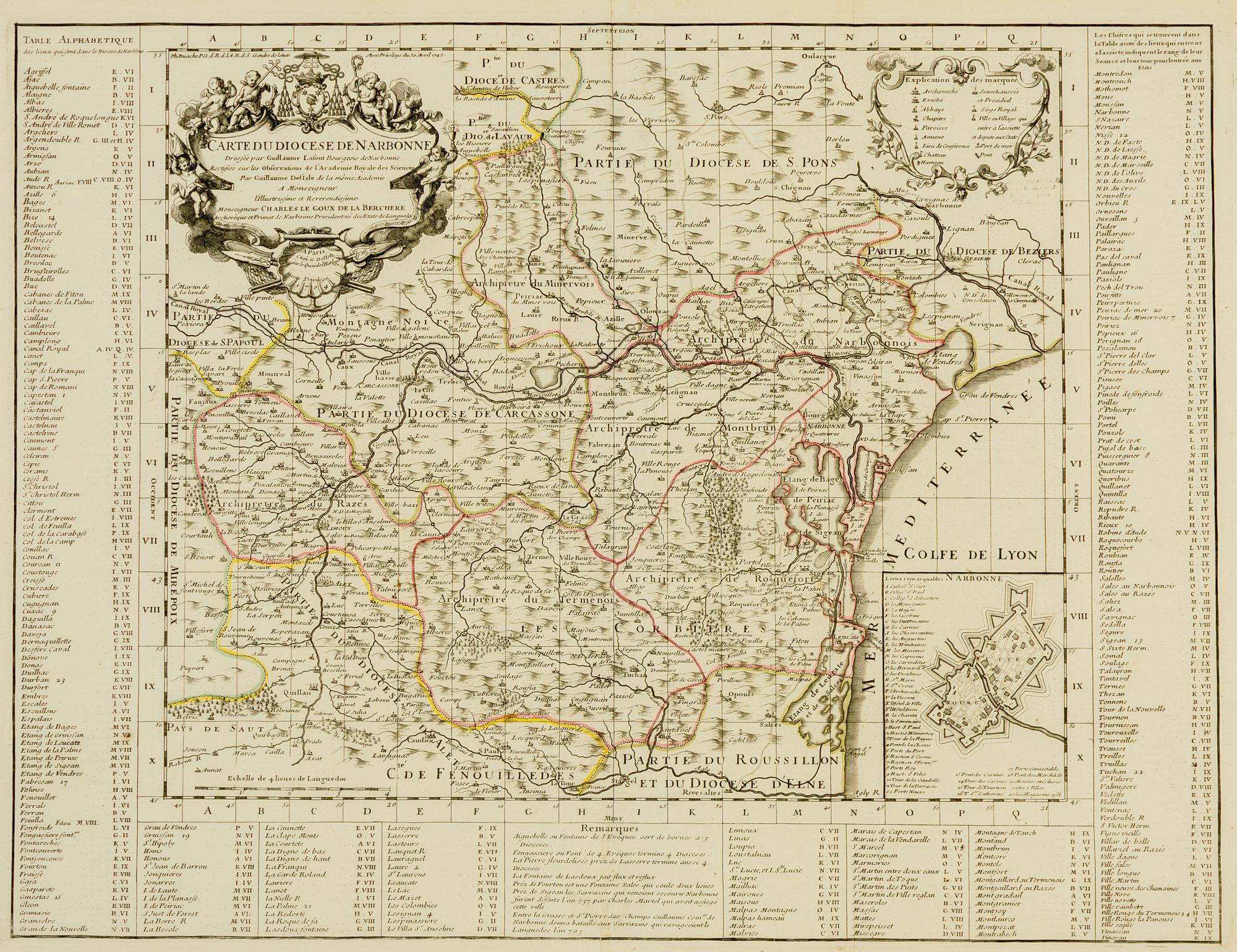 [Mapa de Narbona, Francia] Carte du Diocèse de Narbonne by Delisle ...