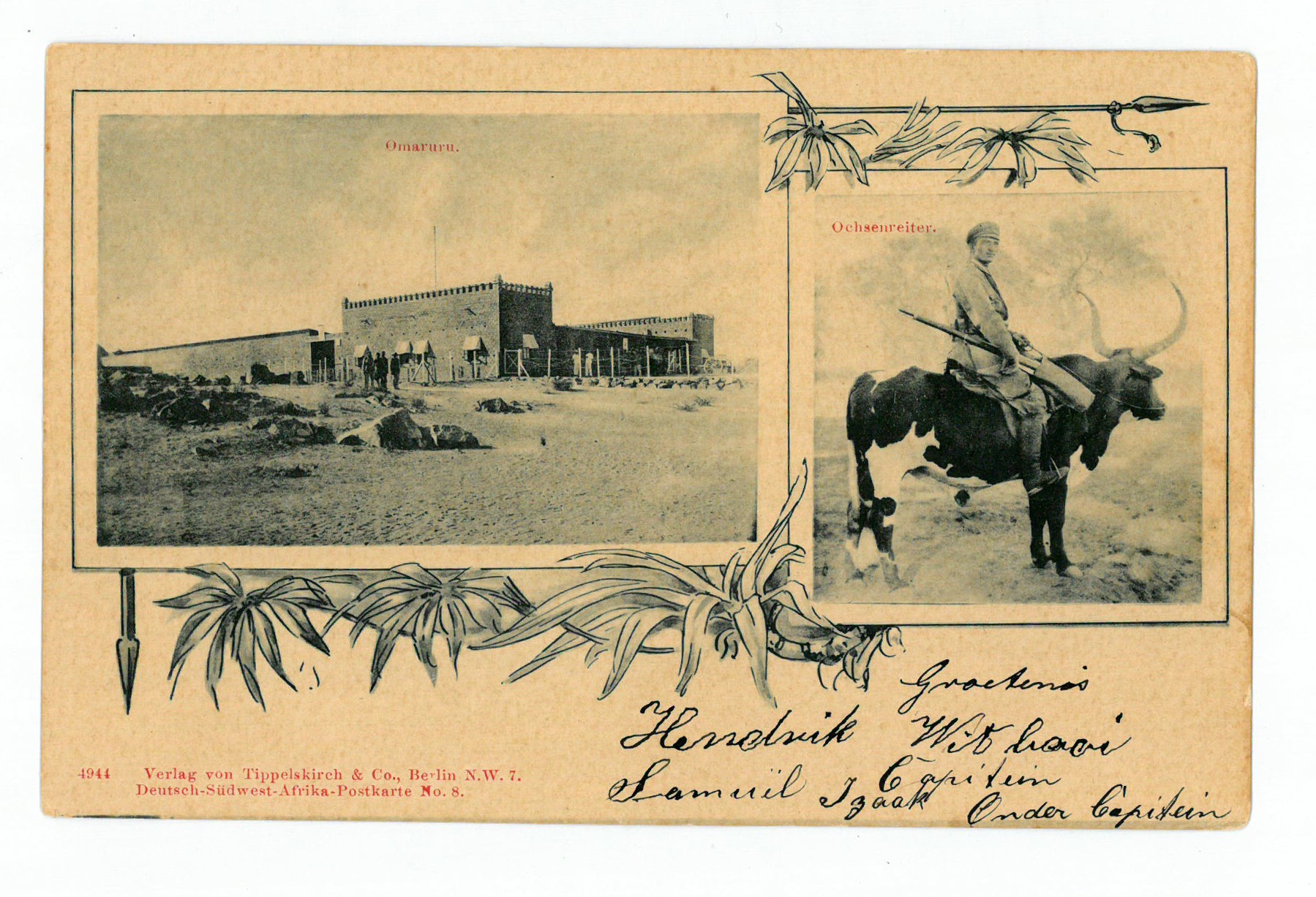 2 Bildpostkarten mit 5 Unterschriften von Anführern der Witbooi. von ...