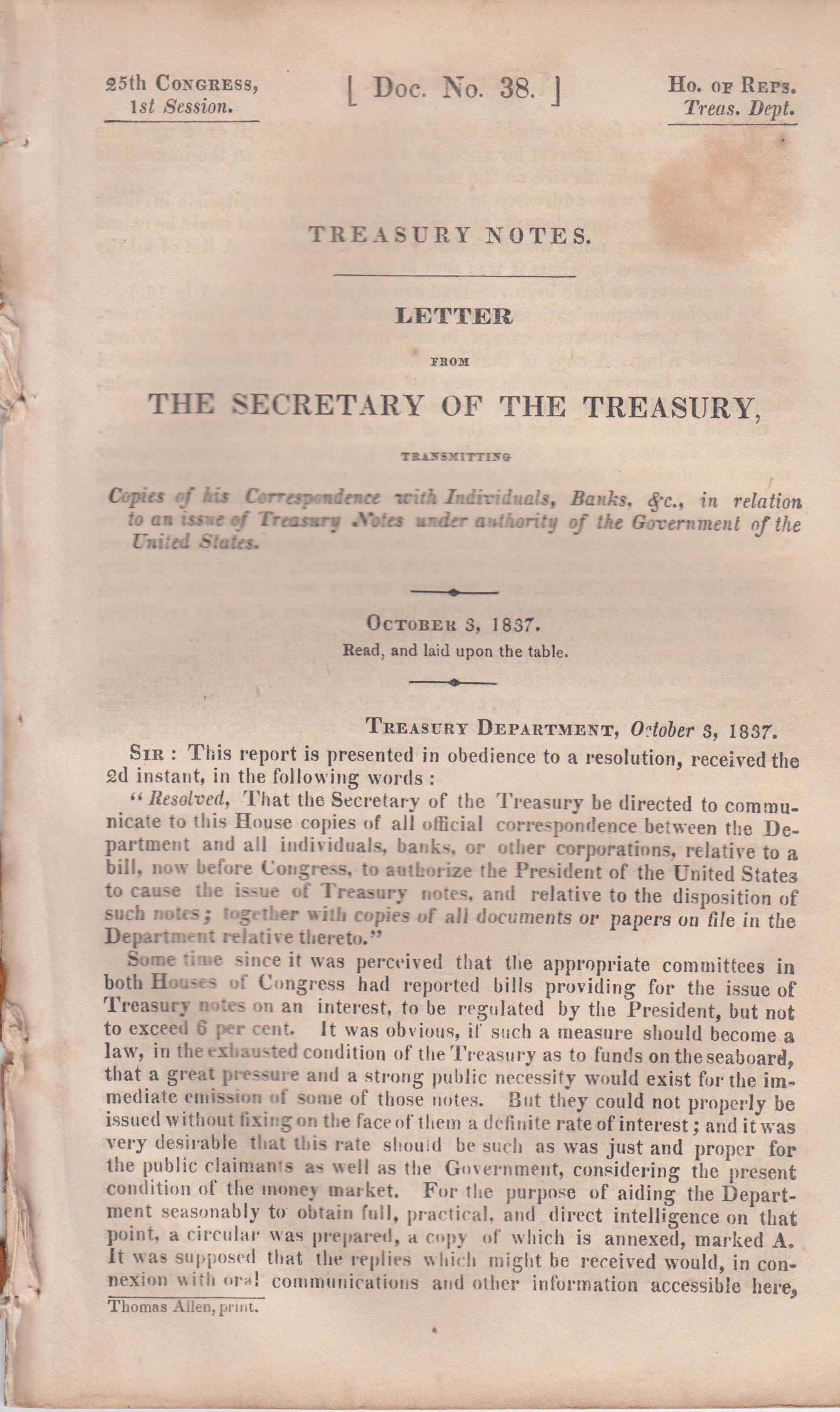 Treasury Notes - Letter from the Secretary of the Treasury ...