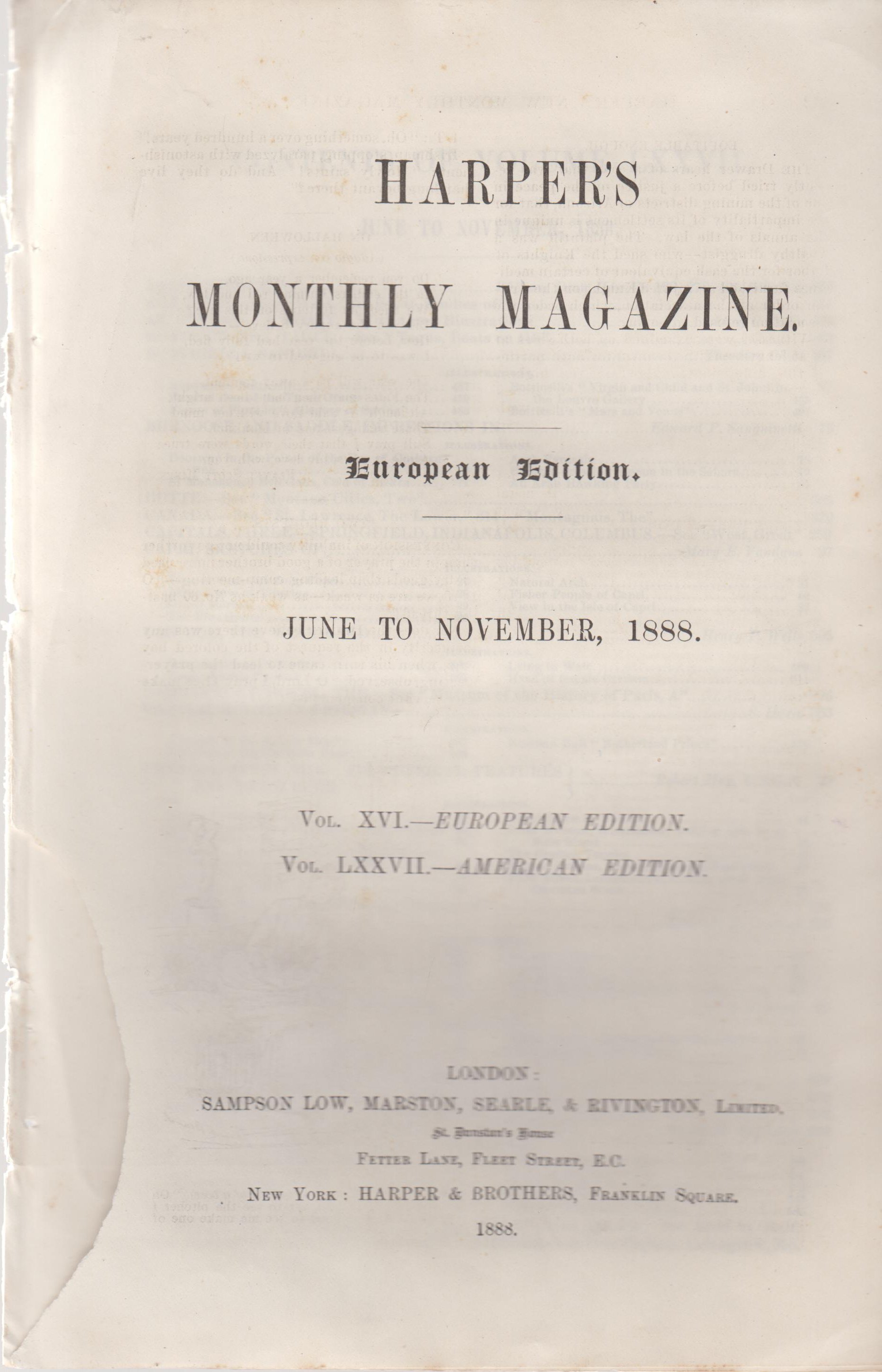 Harper's monthly Magazine.- European Edition. - June to November, 1888 ...