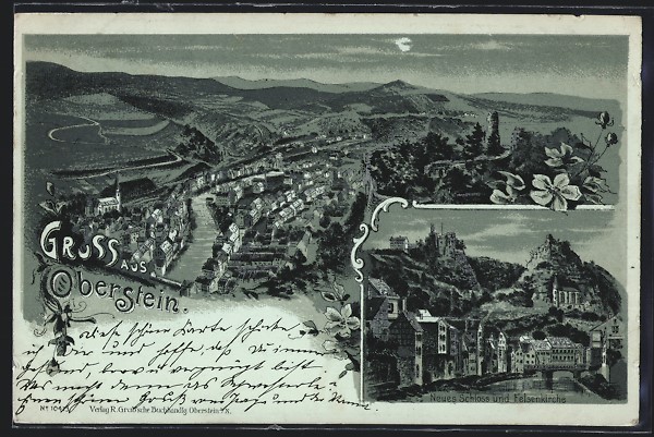 Lithographie Oberstein, Neues Schloss und Felsenkirche, Teilansicht ...