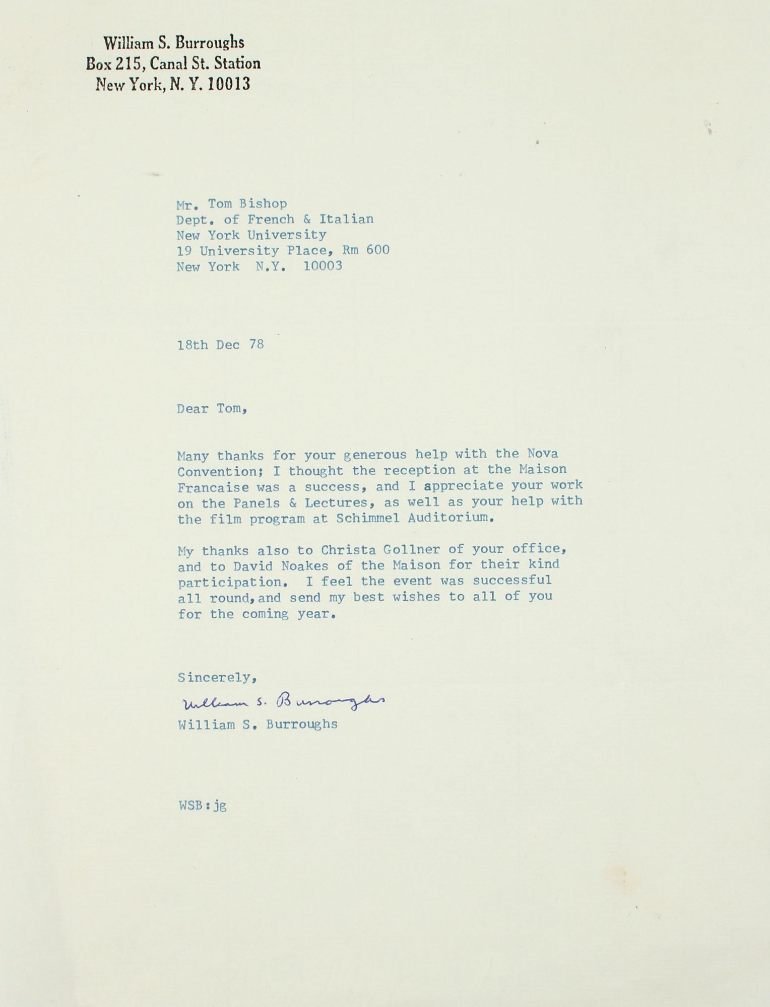 Typed Letter, signed ("William S. Burroughs"), to Tom Bishop by ...
