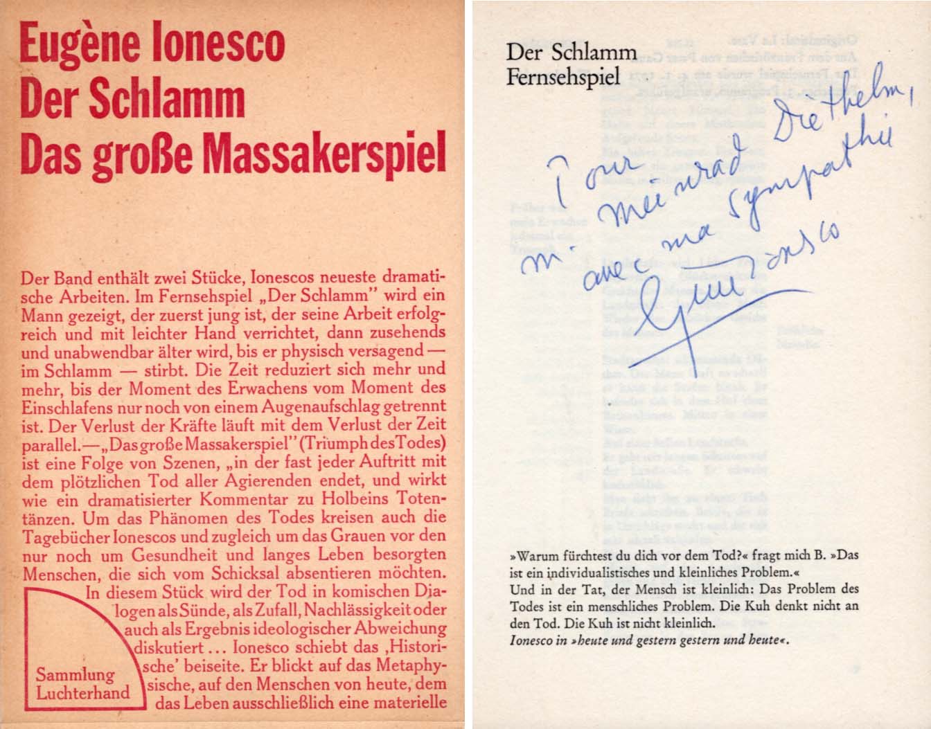 Eugène Ionesco Autograph | signed programmes / books by Eugène Ionesco ...