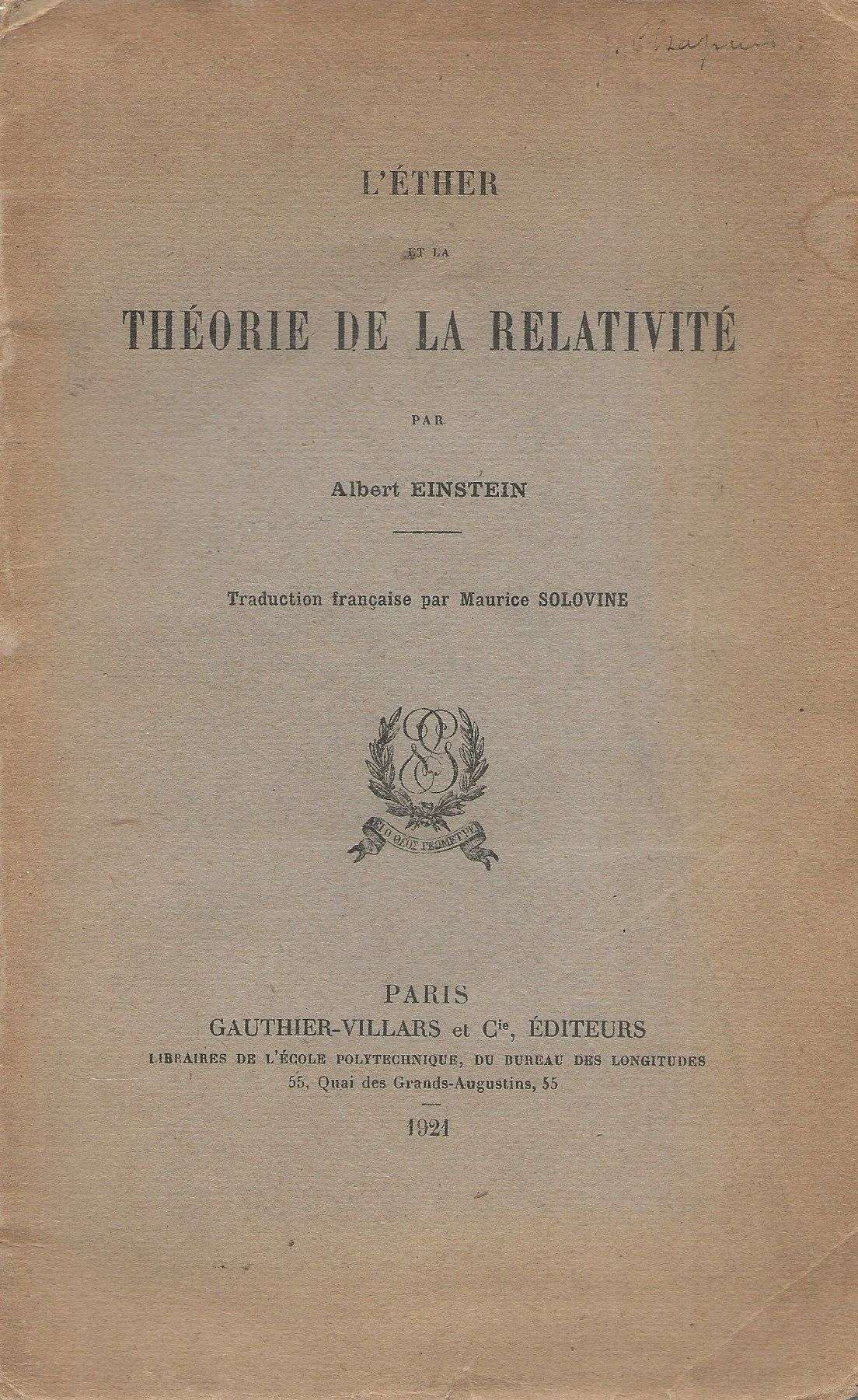 L'éther et la théorie de la relativité. by EINSTEIN (Albert).: (1921 ...
