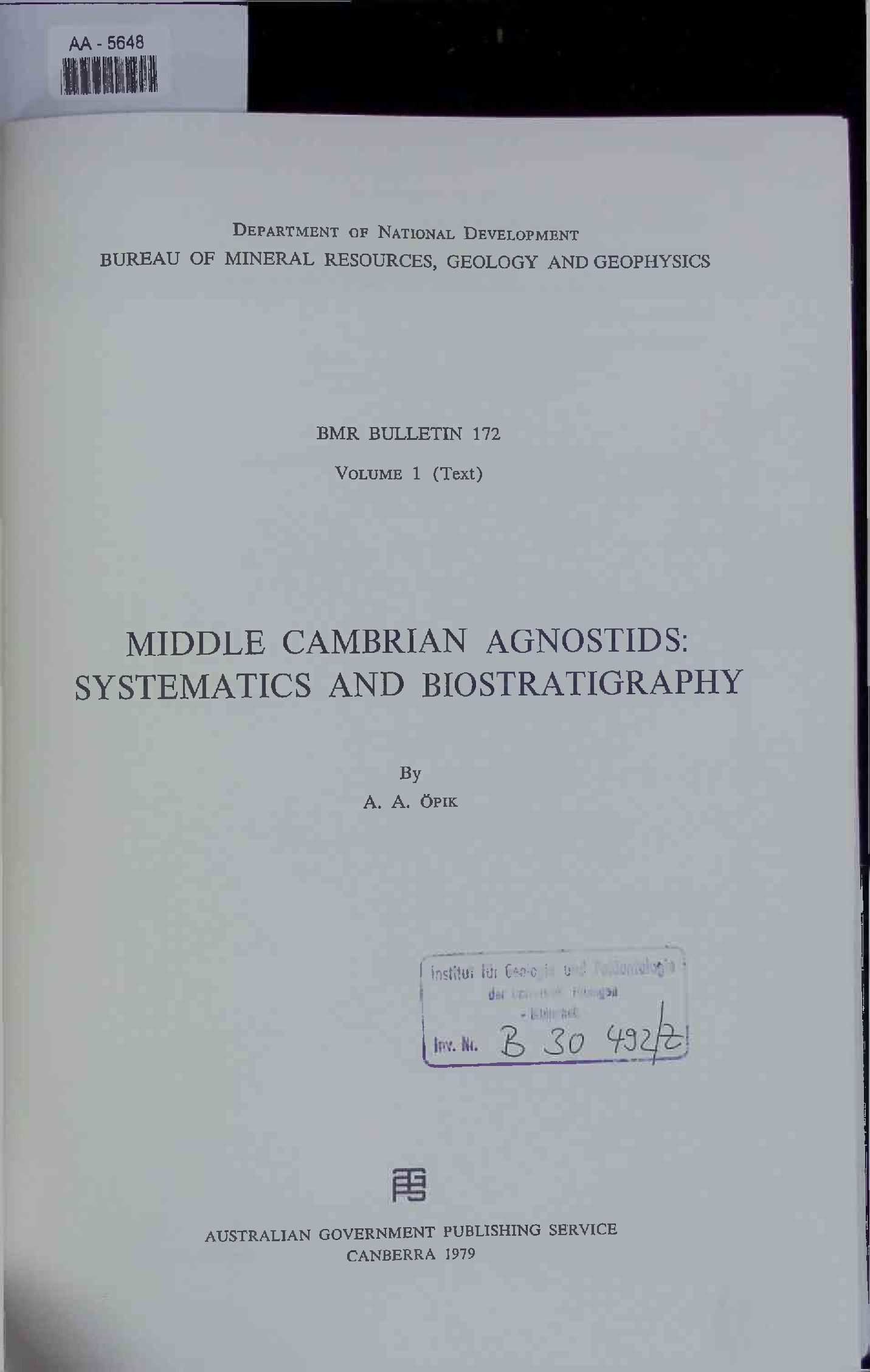 Middle Cambrian Agnostids: Systematics And Biostratigraphy. Department ...