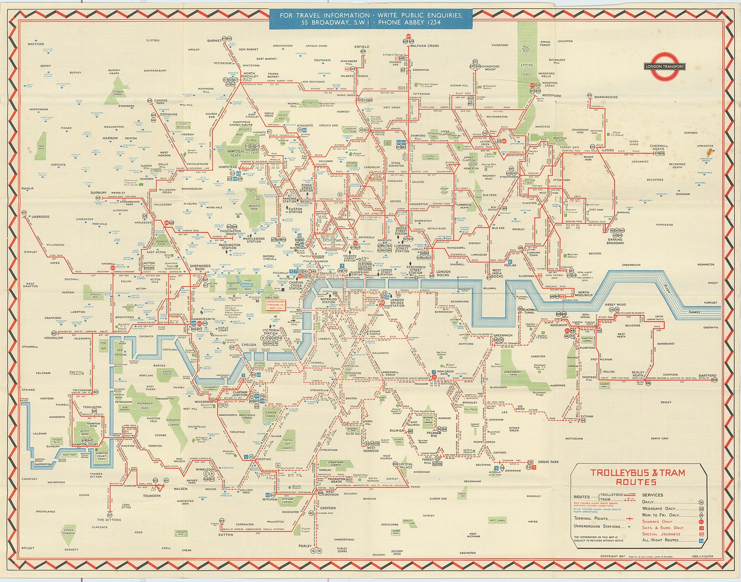 Trolleybus & Tram Map of Routes.No.2, 1947. by ELSTON, Fred. J. H ...