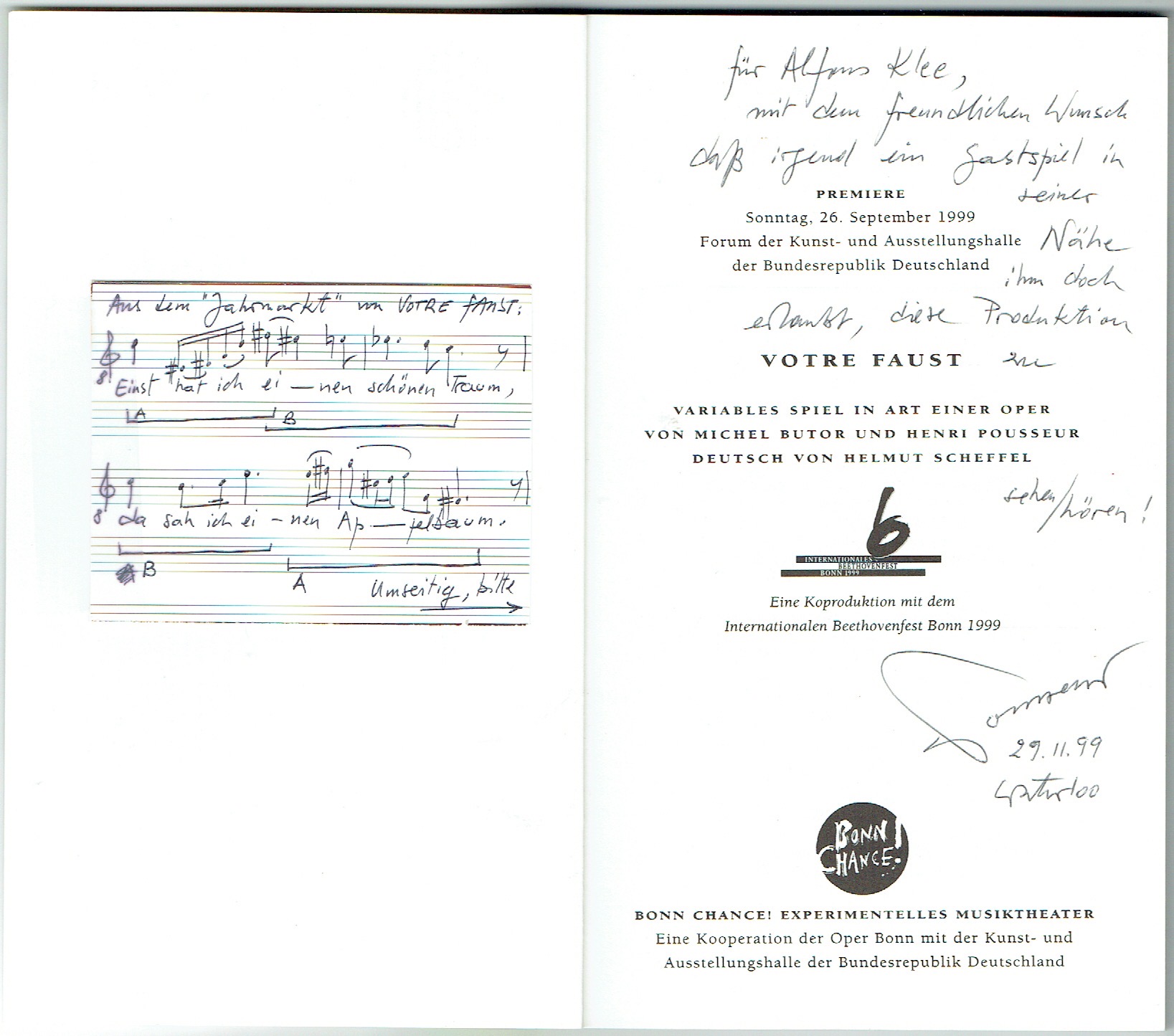 Eigenh. Postkarte mit Unterschrift und Programm Votre Faust" mit eigenh ...