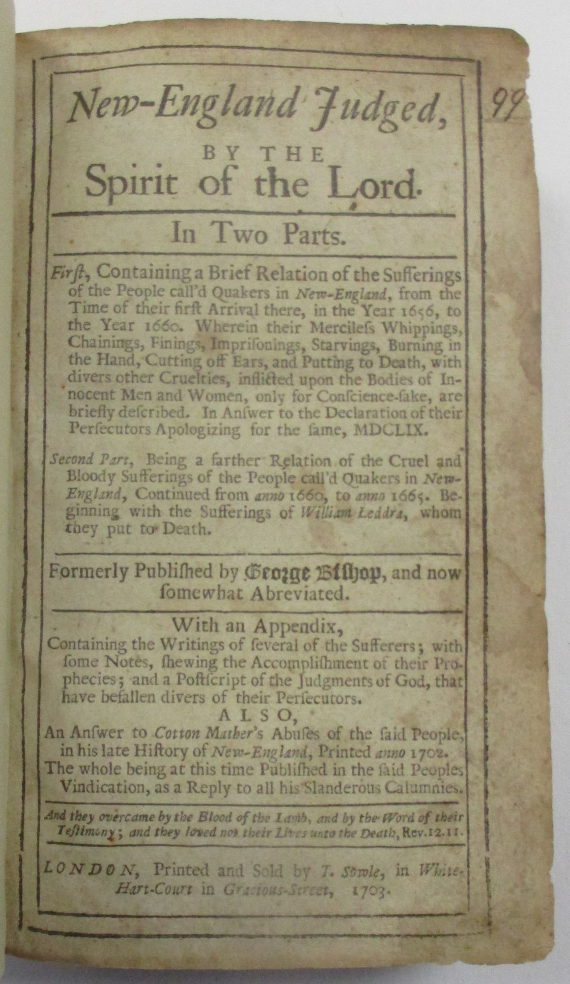 NEW-ENGLAND JUDGED BY THE SPIRIT OF THE LORD. IN TWO PARTS. FIRST ...