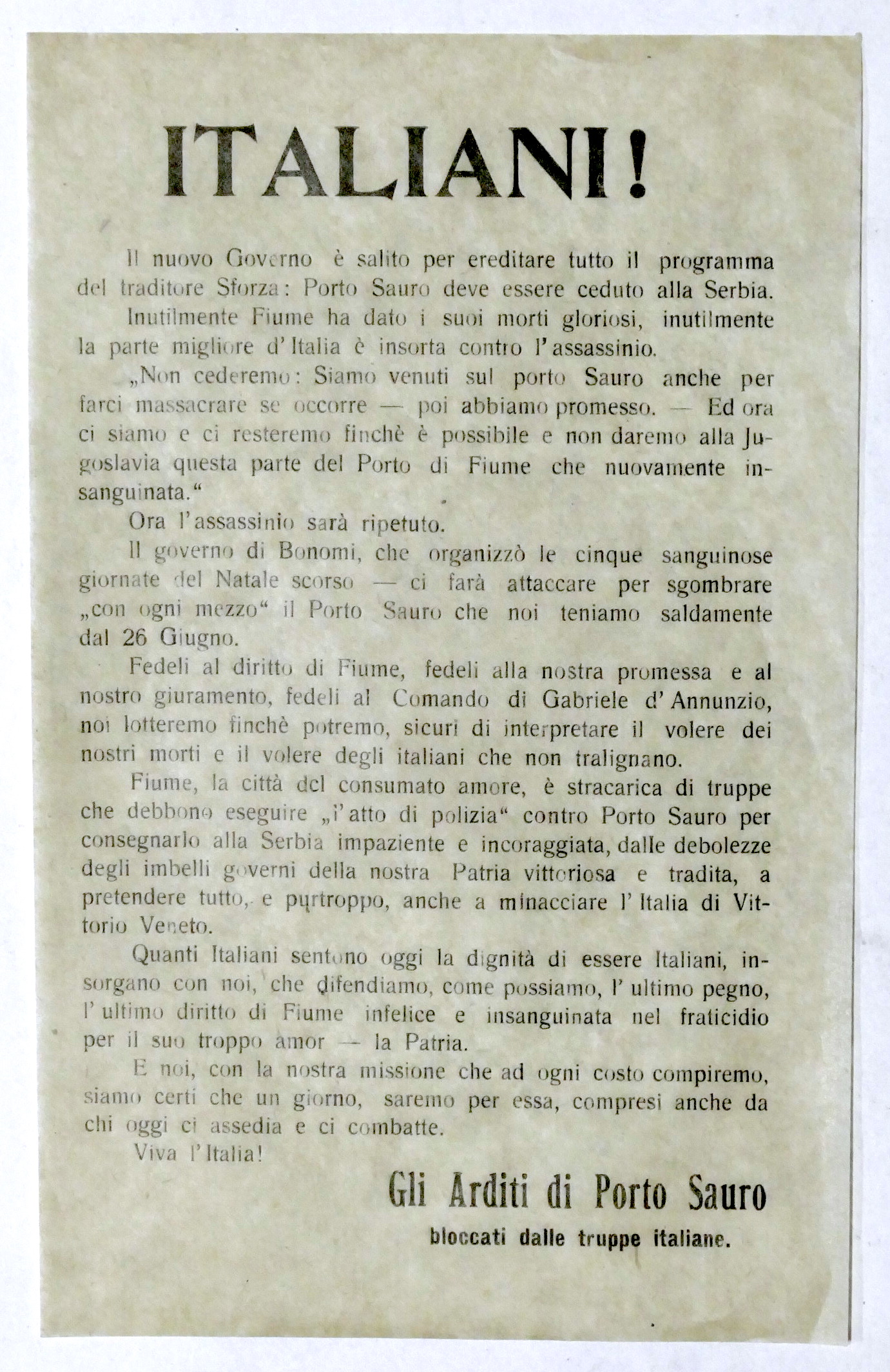 Volantino di propaganda - Arditi di Porto Sauro - Città di Fiume - 1921 ...
