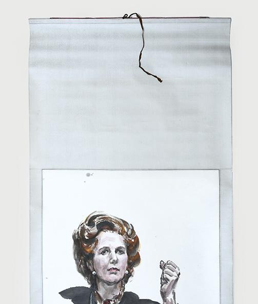Chinese hanging scroll with watercolour portrait and calligraphic ...